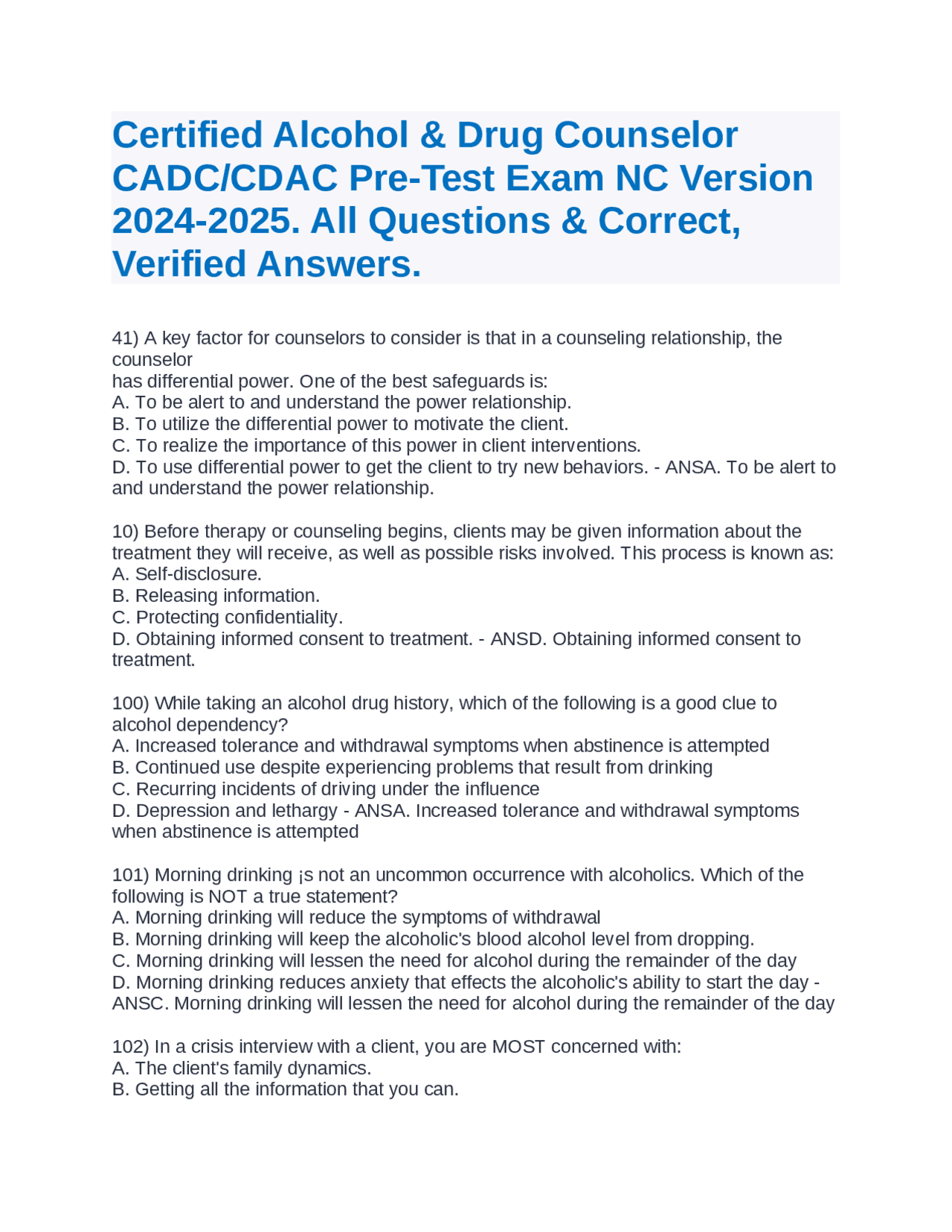 Certified Alcohol & Drug Counselor CADCCDAC Pre-Test Exam NC Version ...