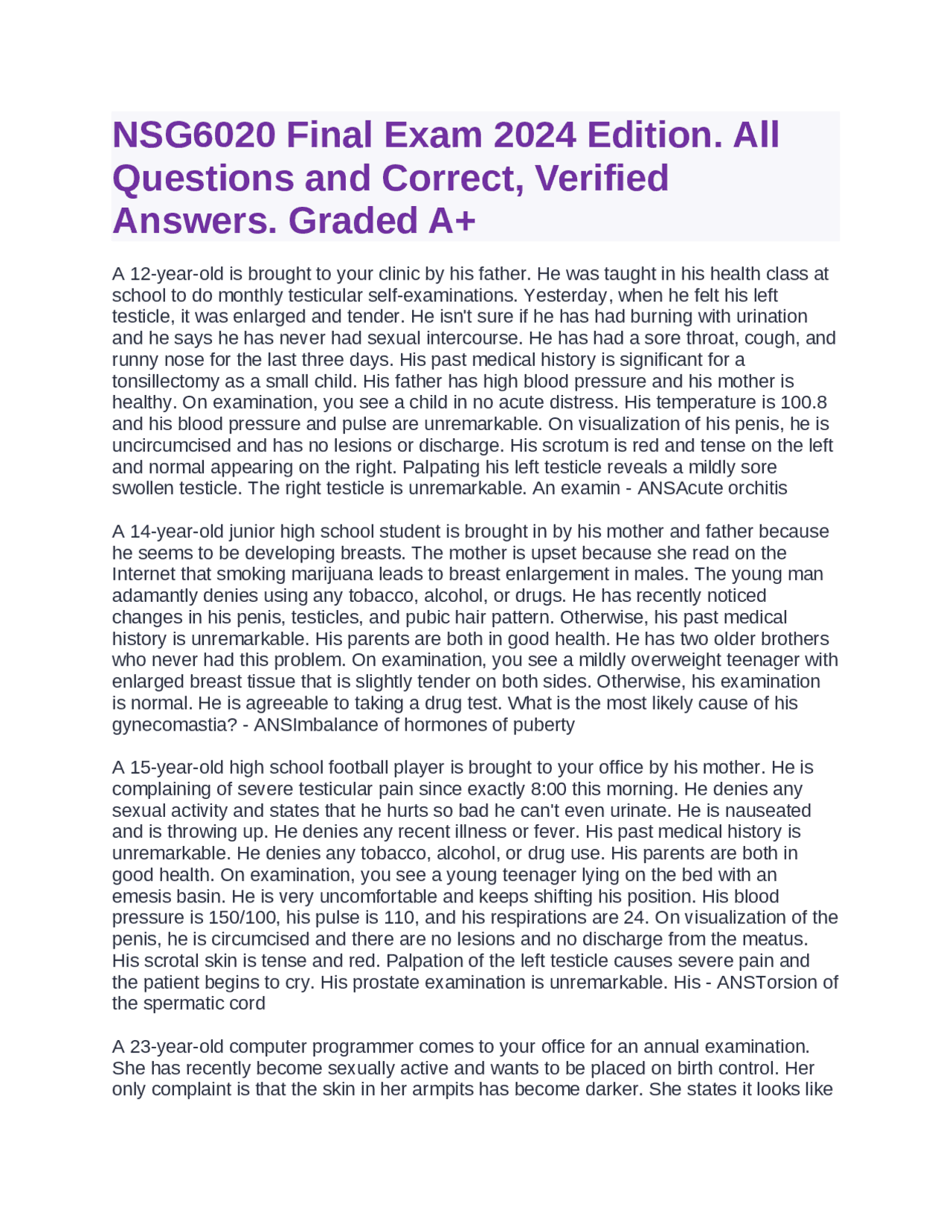 NSG6020 Final Exam 2024 Edition. All Questions and Correct, Verified Answers. Graded A+ | Exams ...