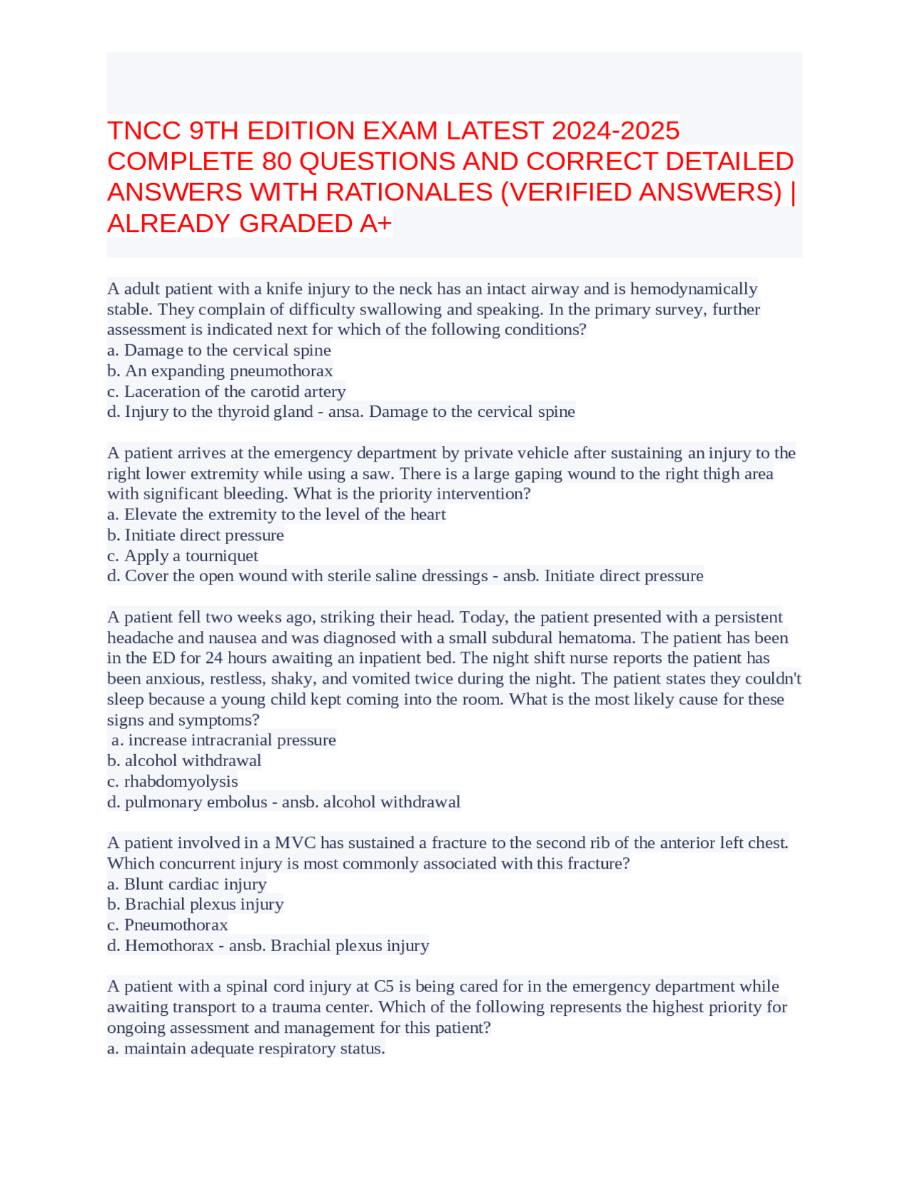 TNCC 9TH EDITION EXAM LATEST 2024-2025 COMPLETE 80 QUESTIONS AND ...