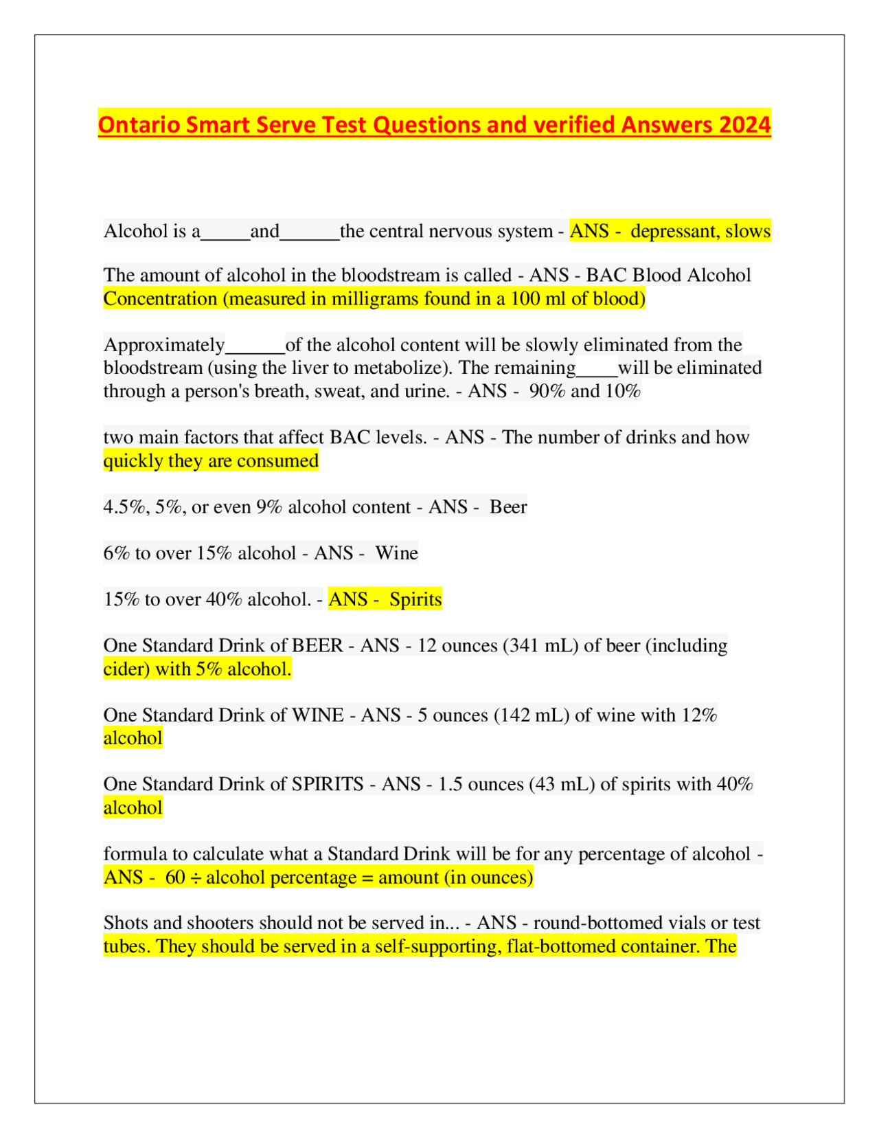 Ontario Smart Serve Test Questions and verified Answers 2024 | Exams ...