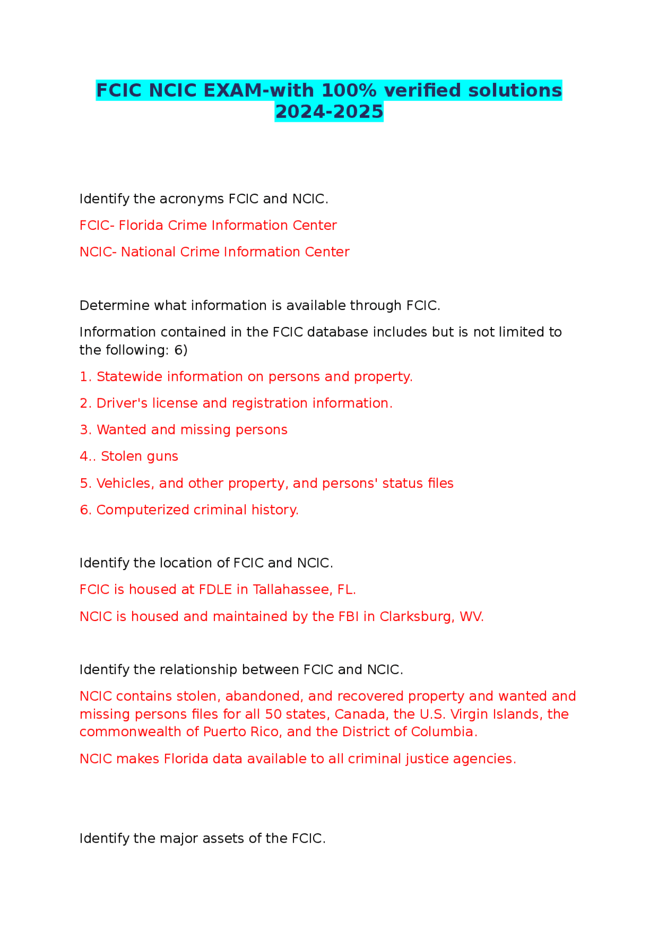 FCIC NCIC EXAM-with 100% verified solutions 2024-2025 | Exams Nursing ...