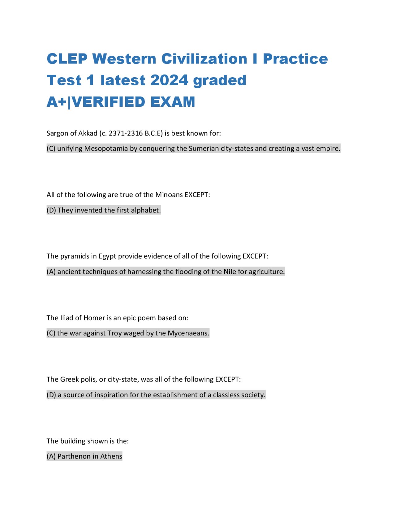 CLEP Western Civilization I Practice Test 1 latest 2024 graded A+ ...