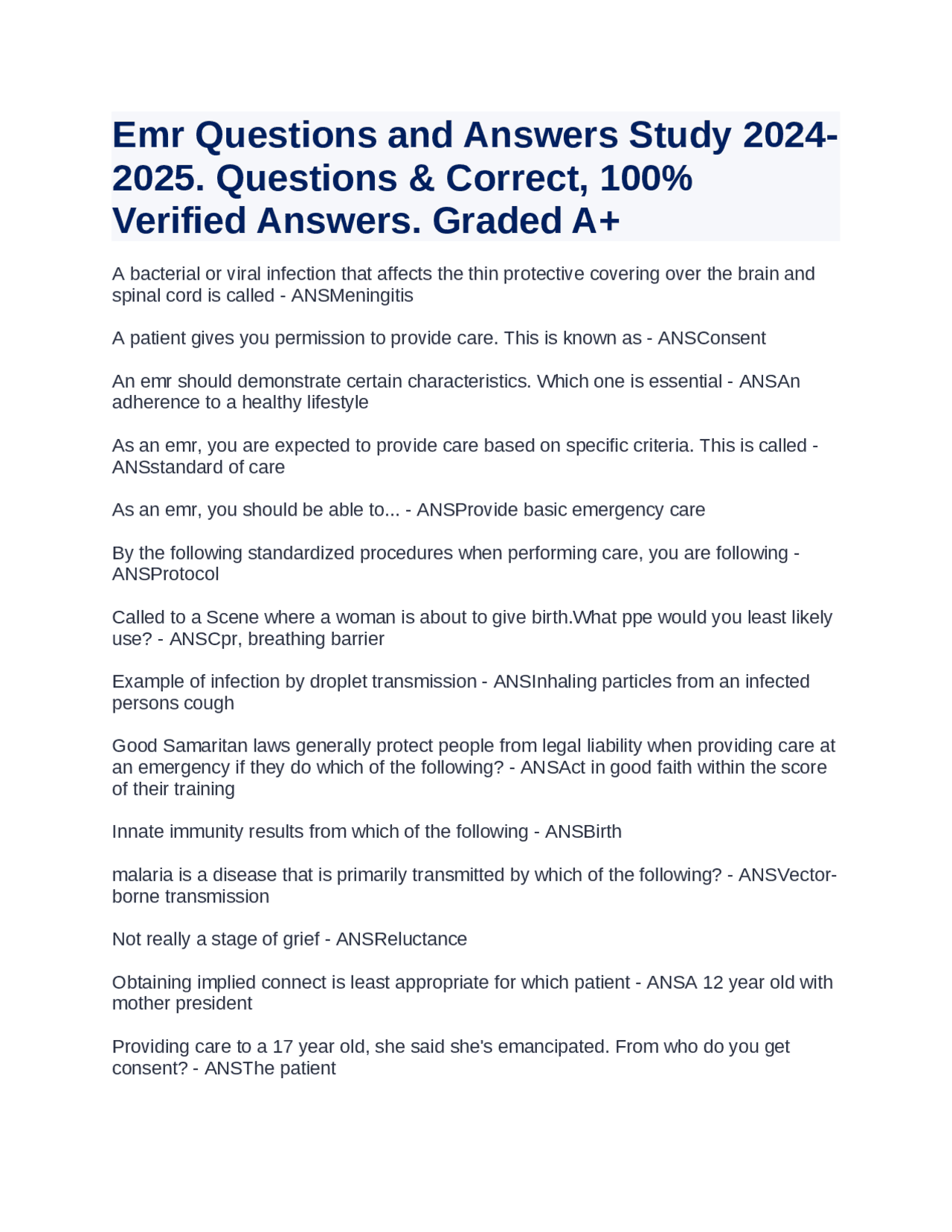 Emr Questions and Answers Study 2024-2025. Questions & Correct, 100% ...