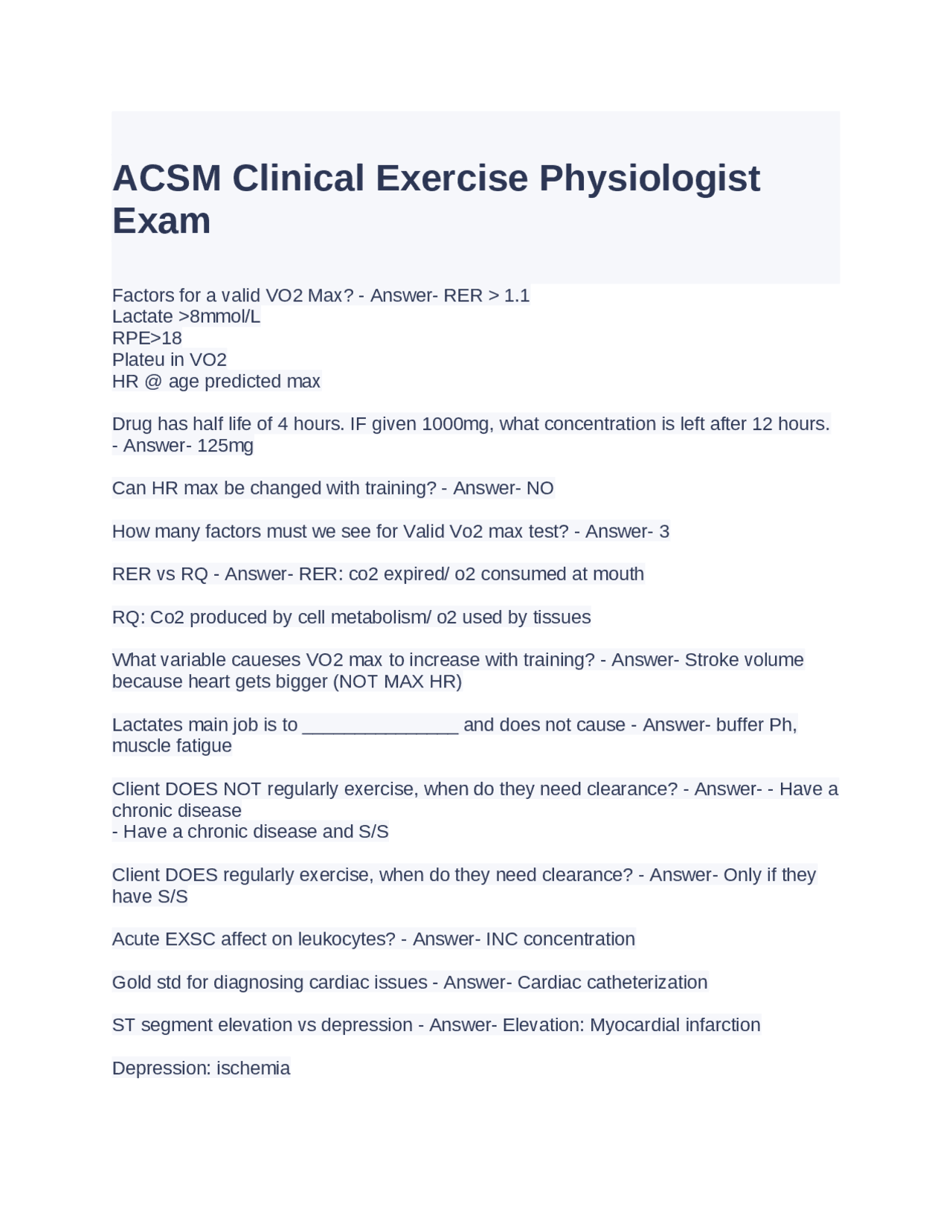 ACSM Clinical Exercise Physiologist Exam with correct Answers | Exams ...
