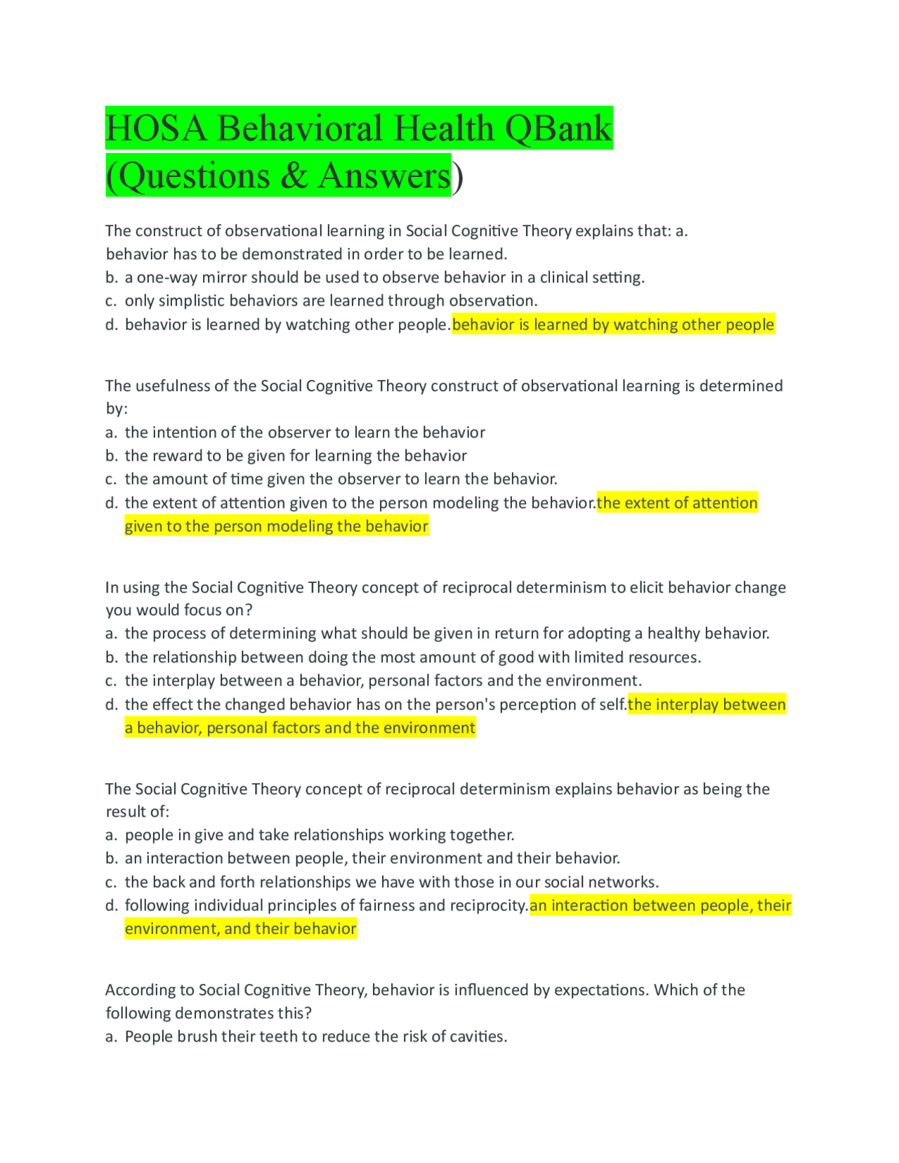 HOSA Behavioral Health QBank (Questions & Answers) | Exams Nursing ...