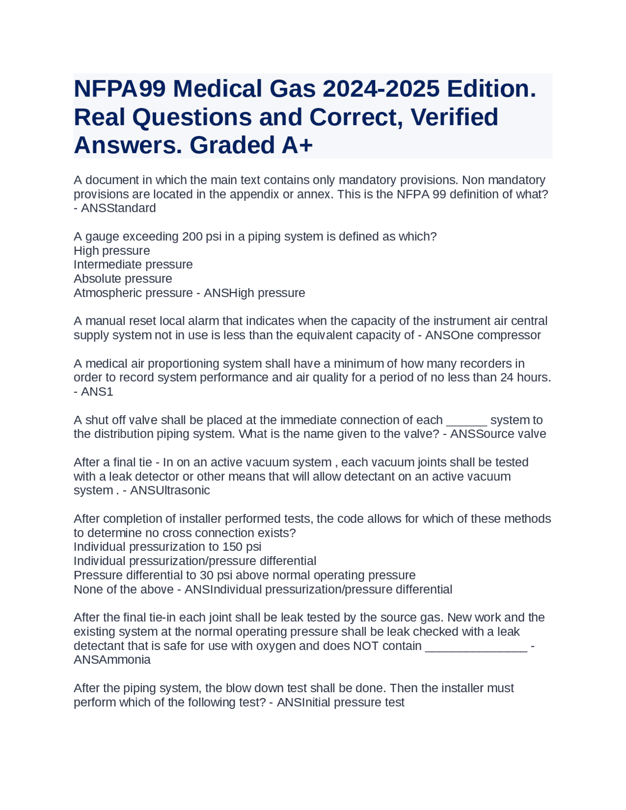 NFPA99 Medical Gas 2024-2025 Edition. Real Questions & Correct ...