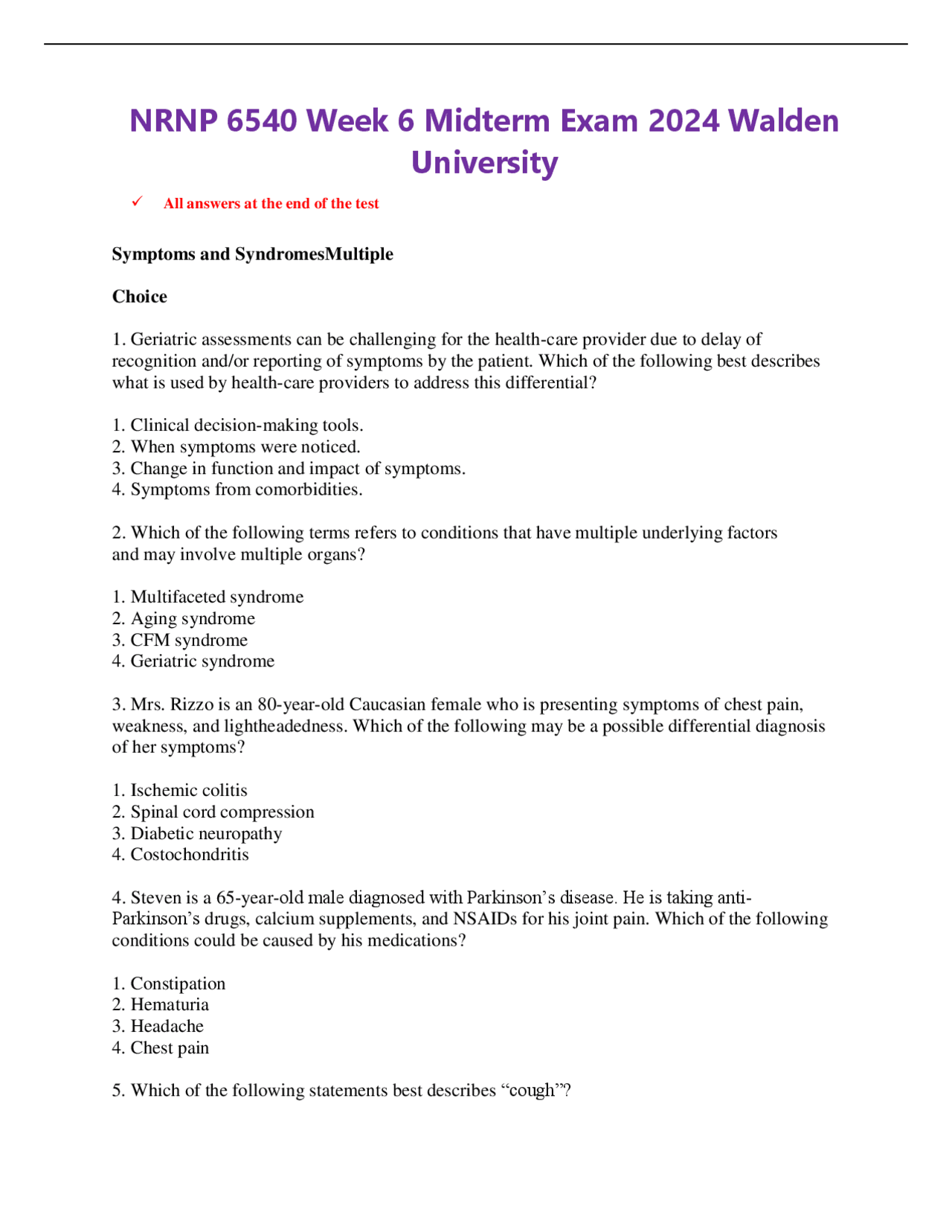 NRNP 6540 Week 6 Midterm Exam 2024 Walden University | Exams Nursing ...