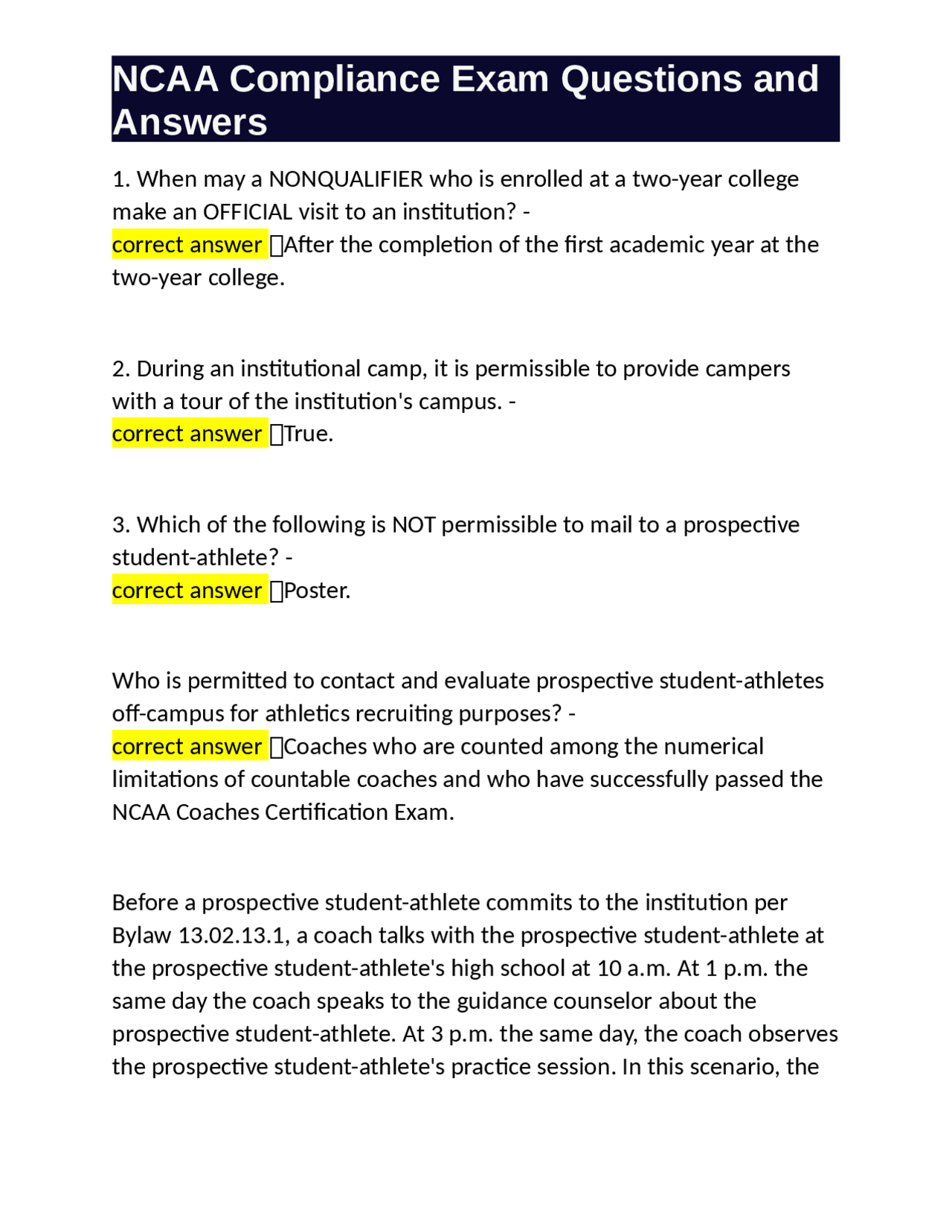 NCAA Compliance Exam Questions and Answers | Exams Sport Studies | Docsity