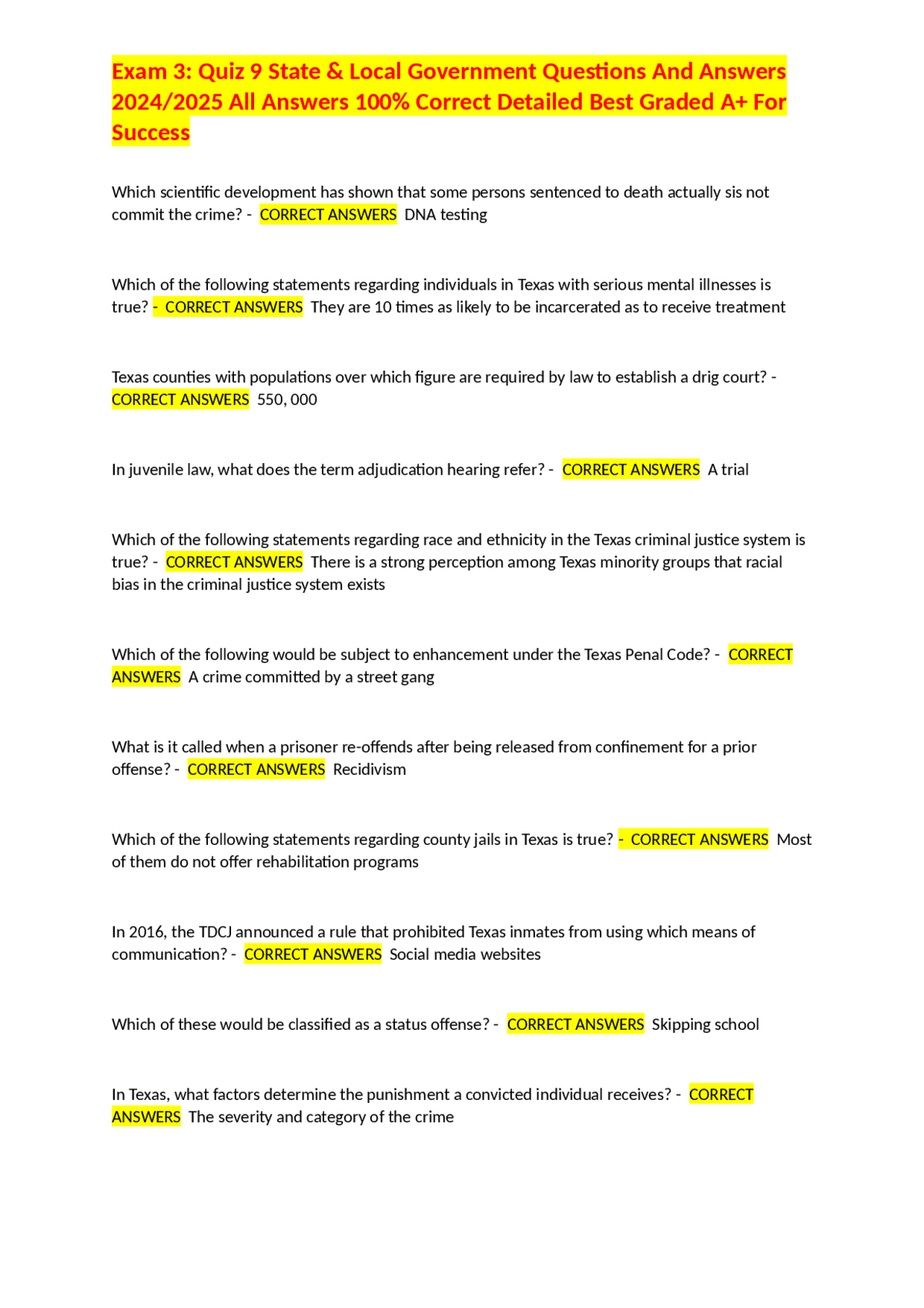 Exam 3: Quiz 9 State & Local Government Questions And Answers 2024/2025 ...