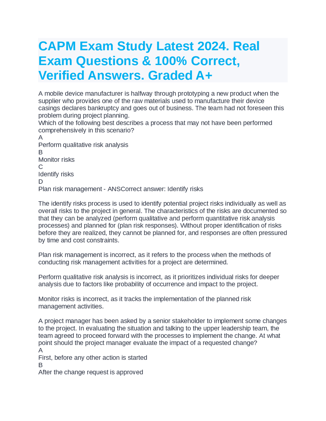CAPM Exam Study Latest 2024. Real Exam Questions & 100% Correct ...
