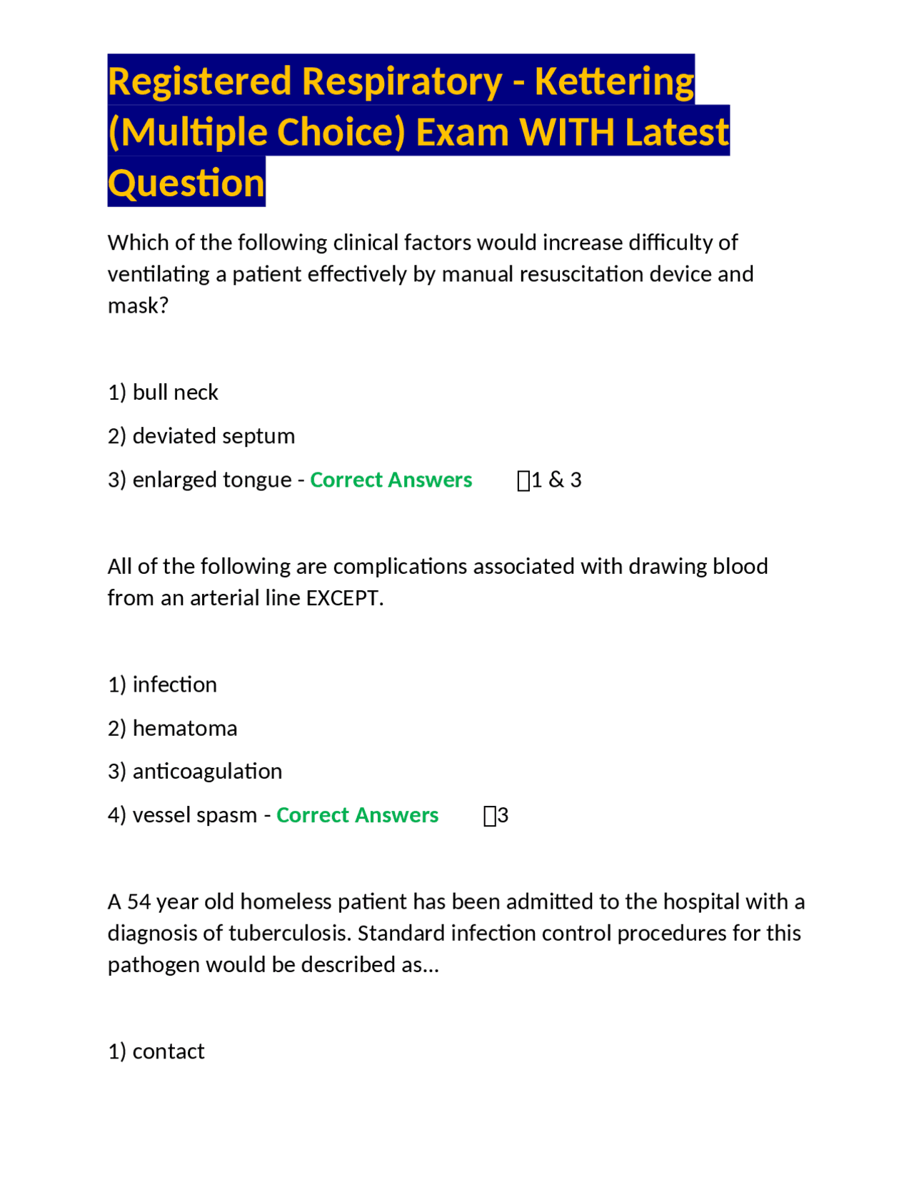 Registered Respiratory - Kettering (Multiple Choice) Exam WITH Latest ...