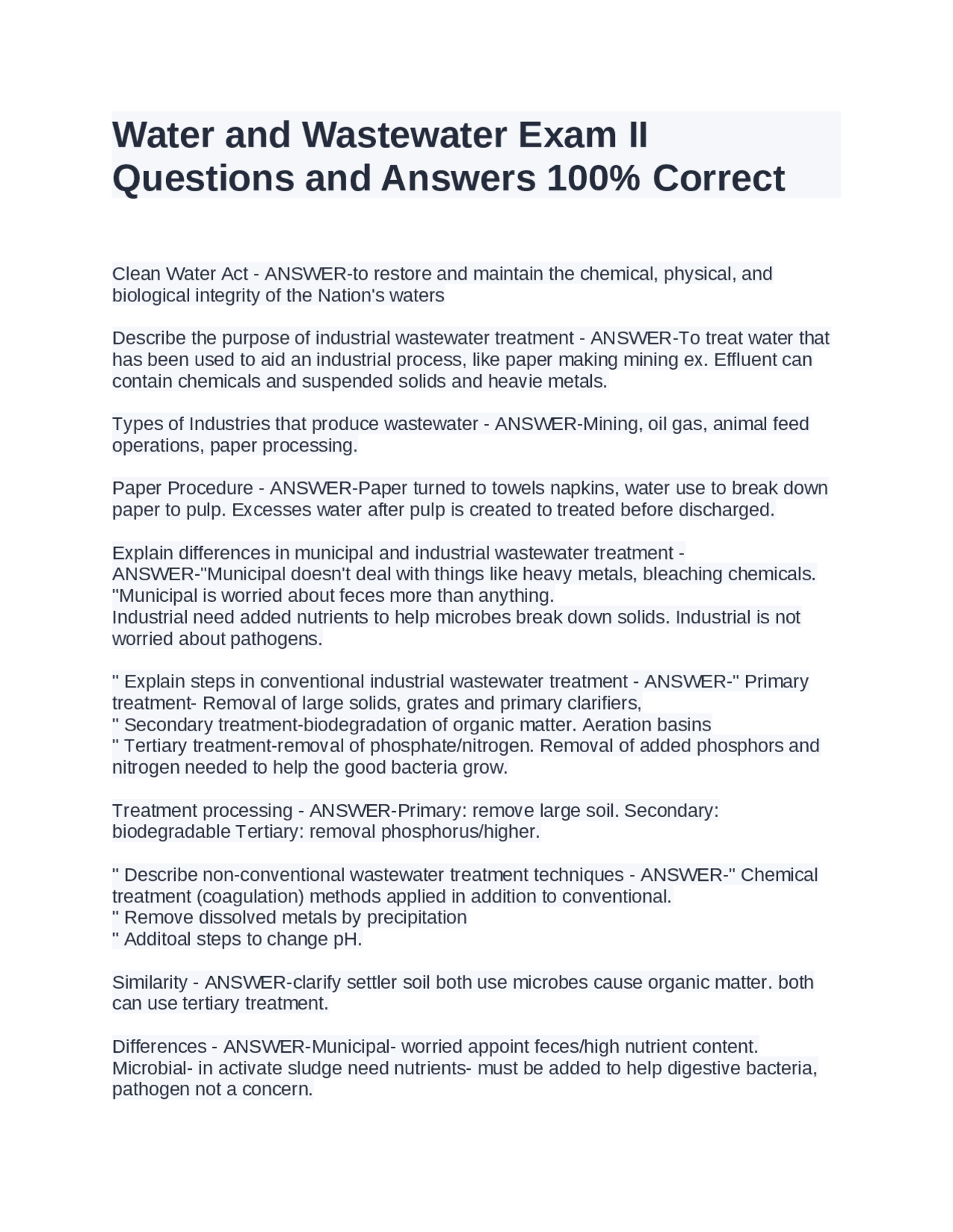 Water and Wastewater Exam II Questions and Answers 100% Correct | Exams ...