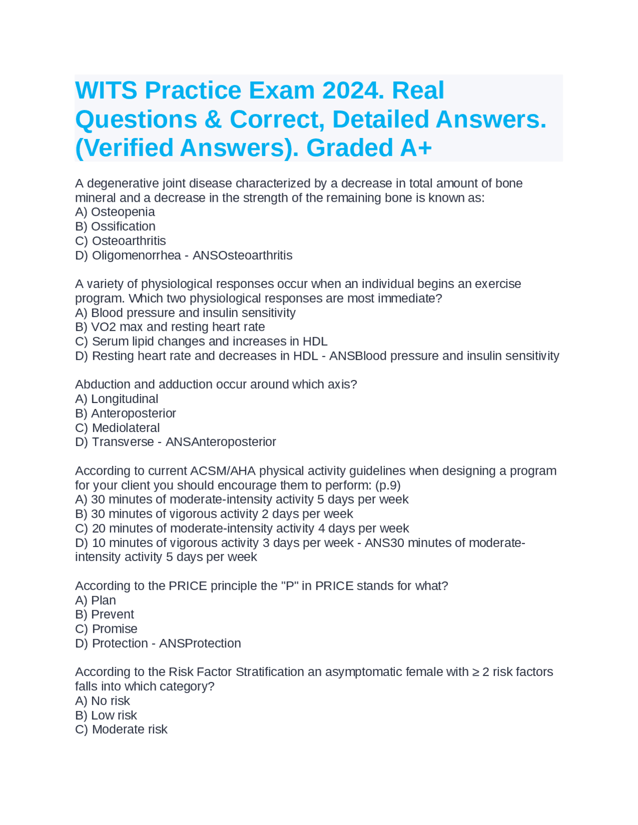 WITS Practice Exam 2024. Real Questions & Correct, Detailed Answers ...