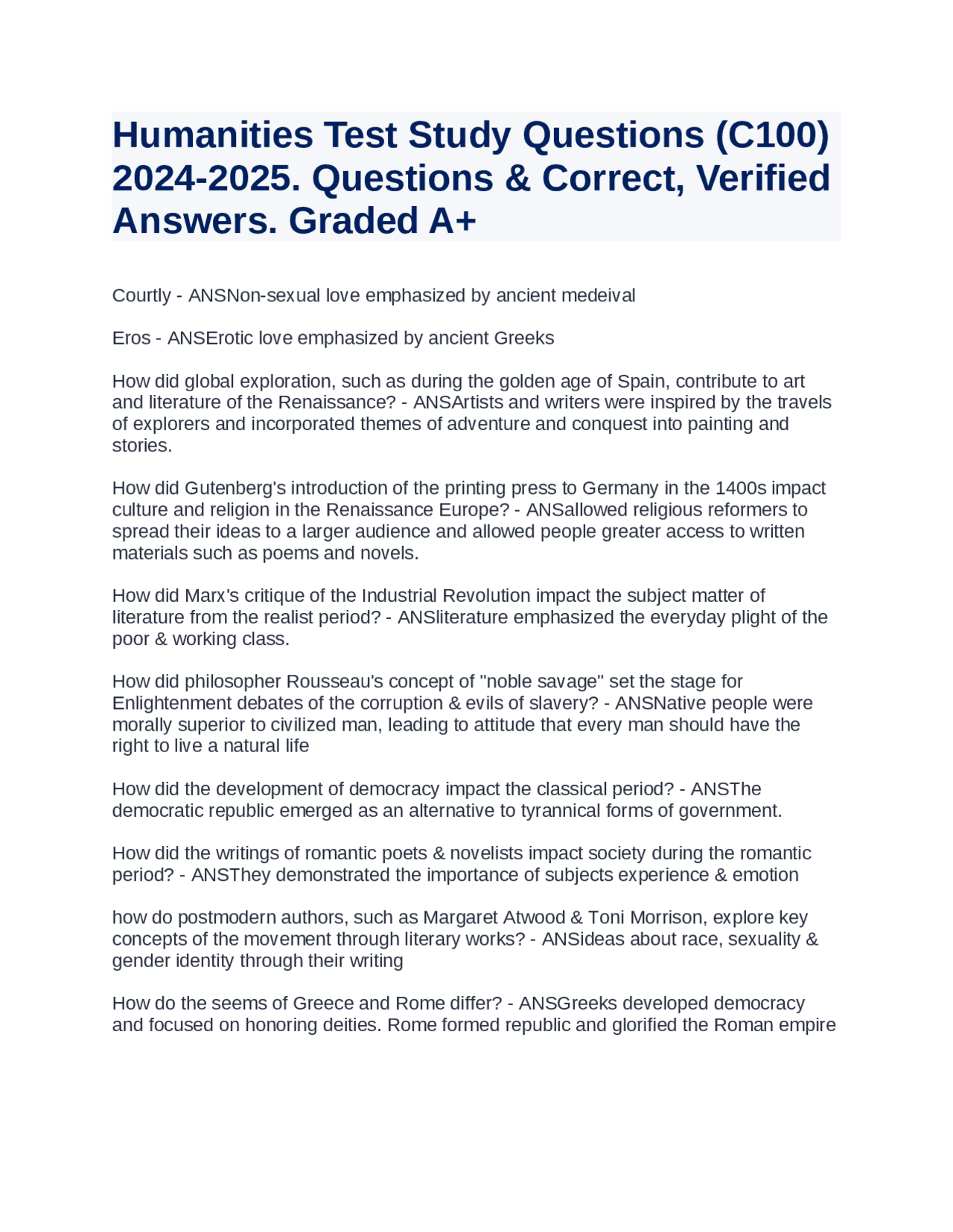 Humanities Test Study Questions (C100) 2024-2025. Questions & Correct ...