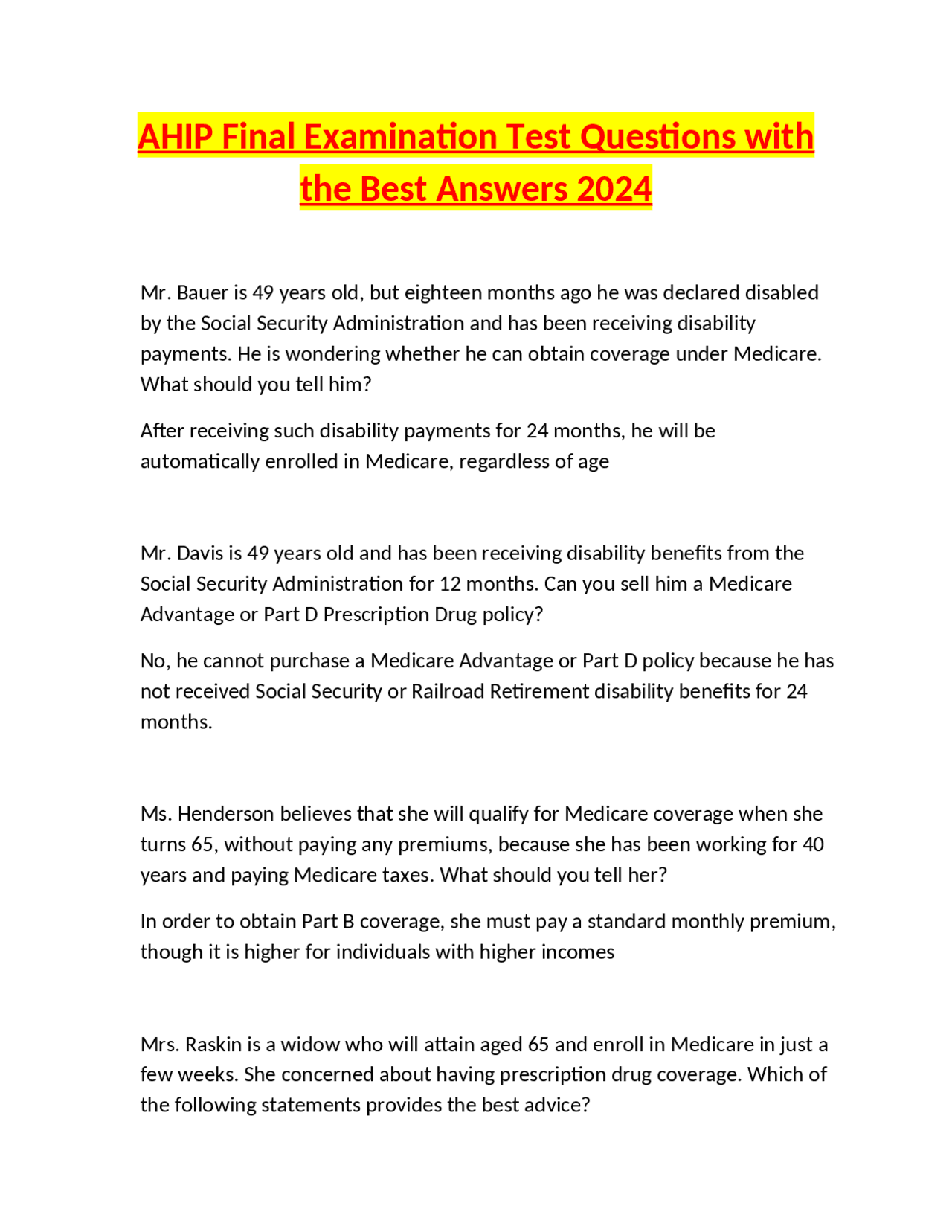 AHIP Final Examination Test Questions with the Best Answers 2024 ...