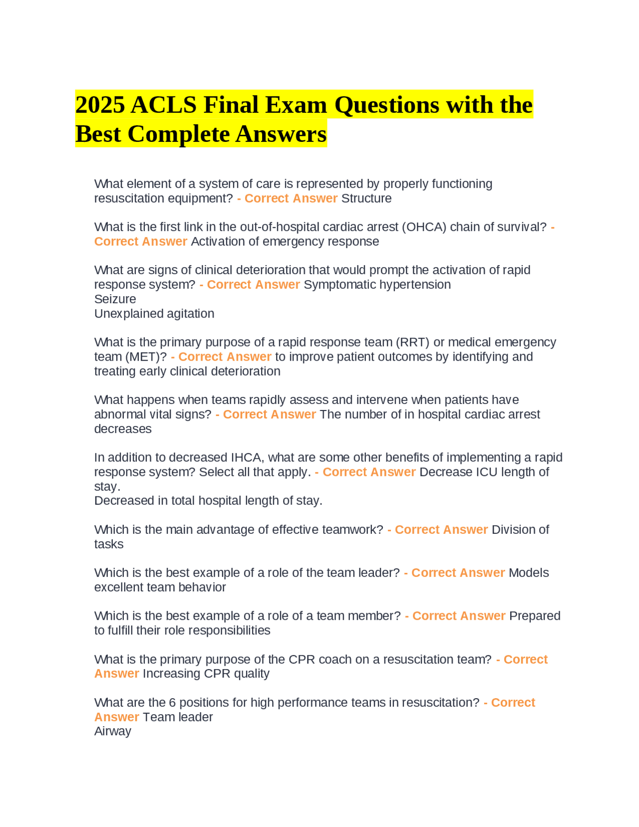 2025 ACLS Final Exam Questions with the Best Complete Answers | Exams ...