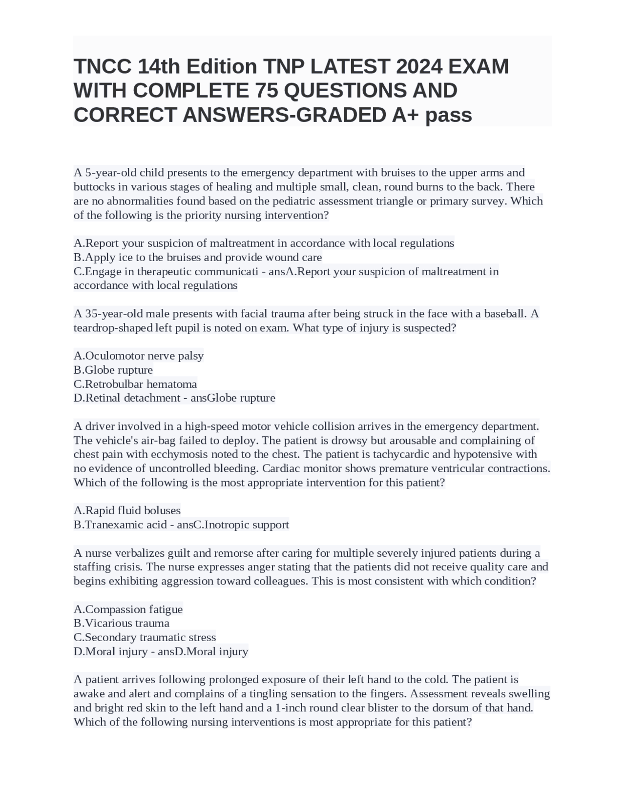 TNCC 14th Edition TNP LATEST 2024 EXAM WITH COMPLETE 75 QUESTIONS AND ...