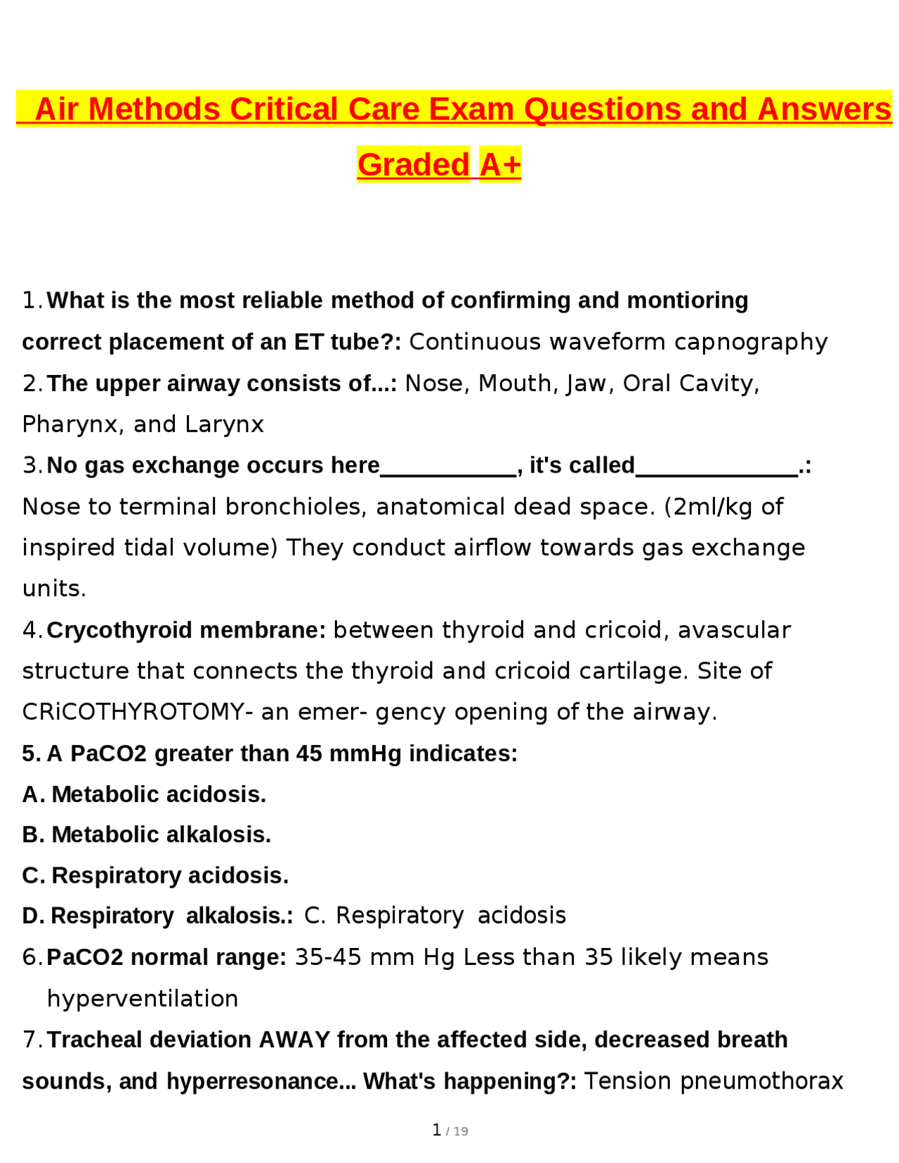 Air Methods Critical Care Exam Questions and Answers Graded A+ | Exams ...