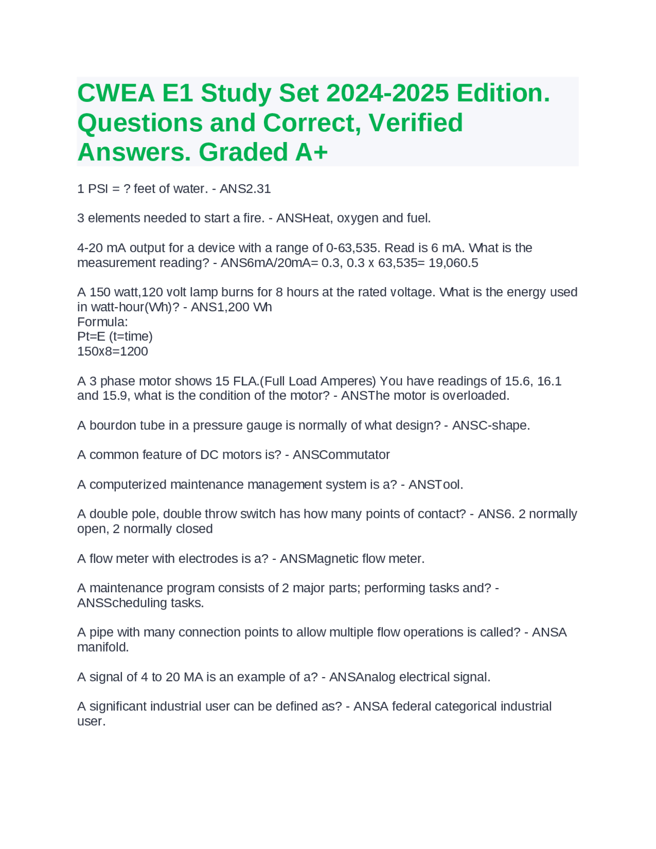 CWEA E1 Study Set 2024-2025 Edition. Questions and Correct, Verified ...