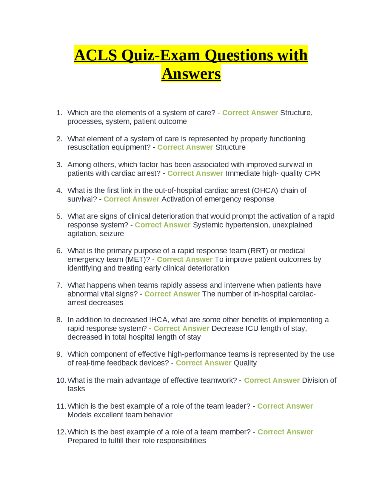 ACLS Quiz-Exam Questions with Answers | Exams Nursing | Docsity