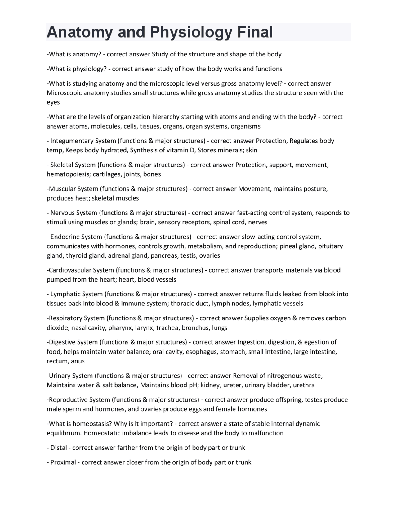 Anatomy and Physiology Final(160 questions with correct answers ...