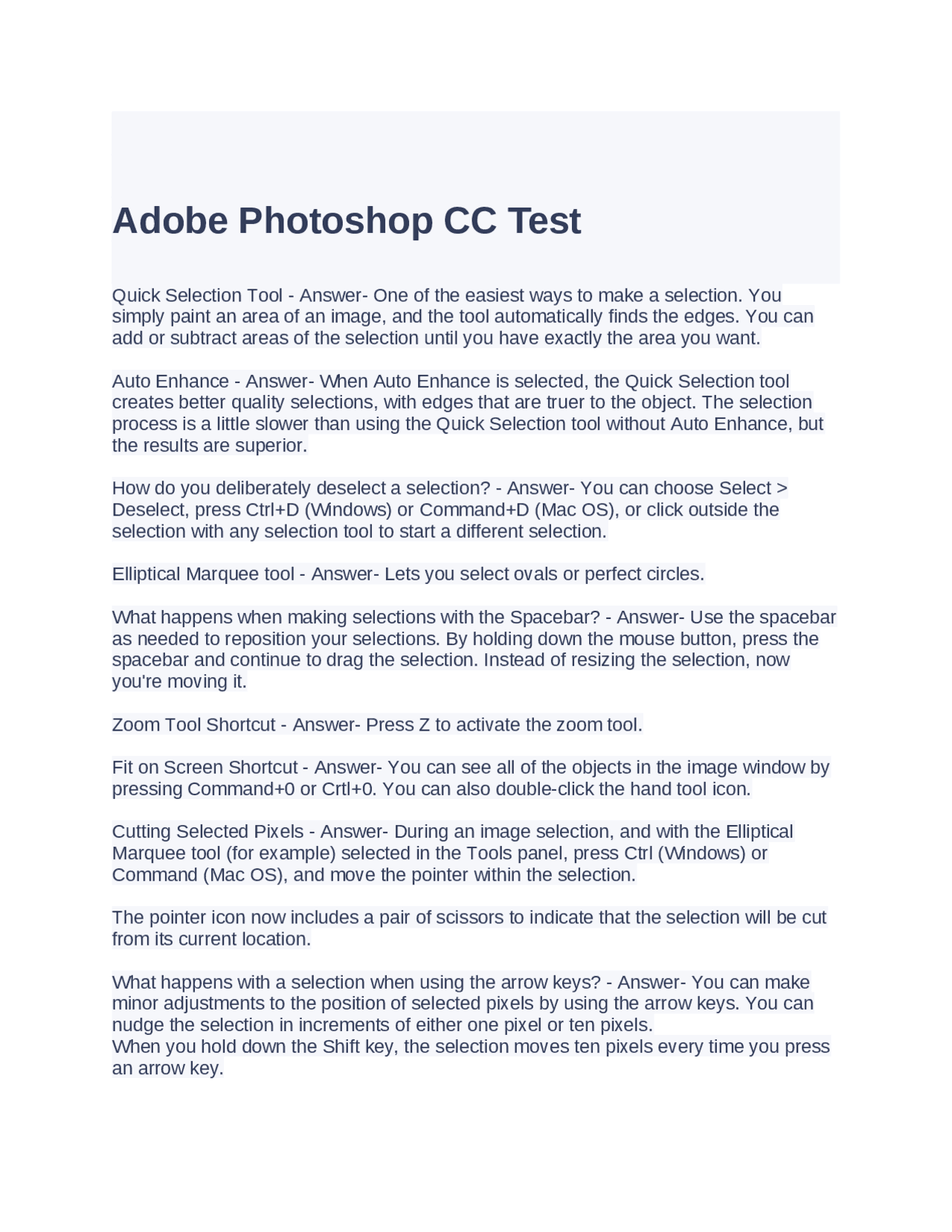Adobe Photoshop CC Test 100% solved | Exams Photoshop | Docsity