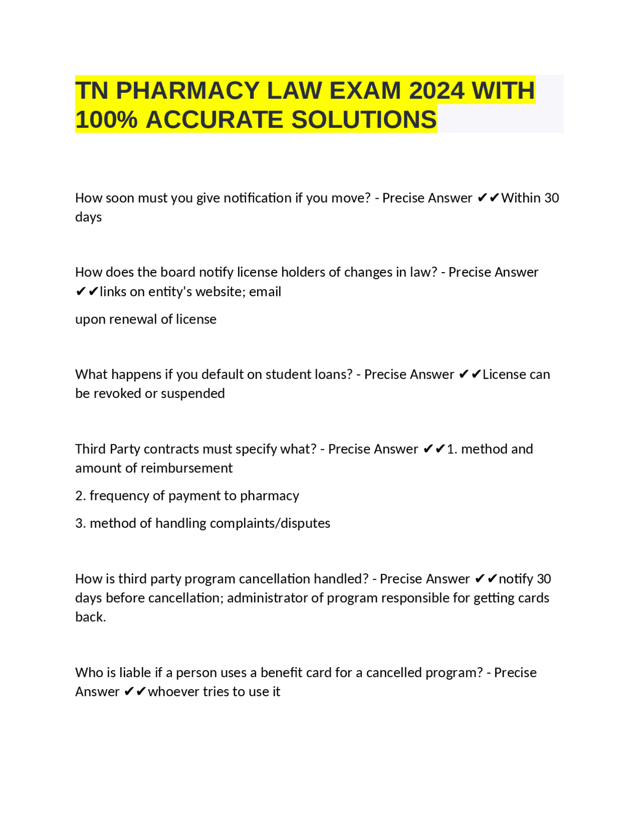 TN PHARMACY LAW EXAM 2024 WITH 100% ACCURATE SOLUTIONS | Exams Nursing ...