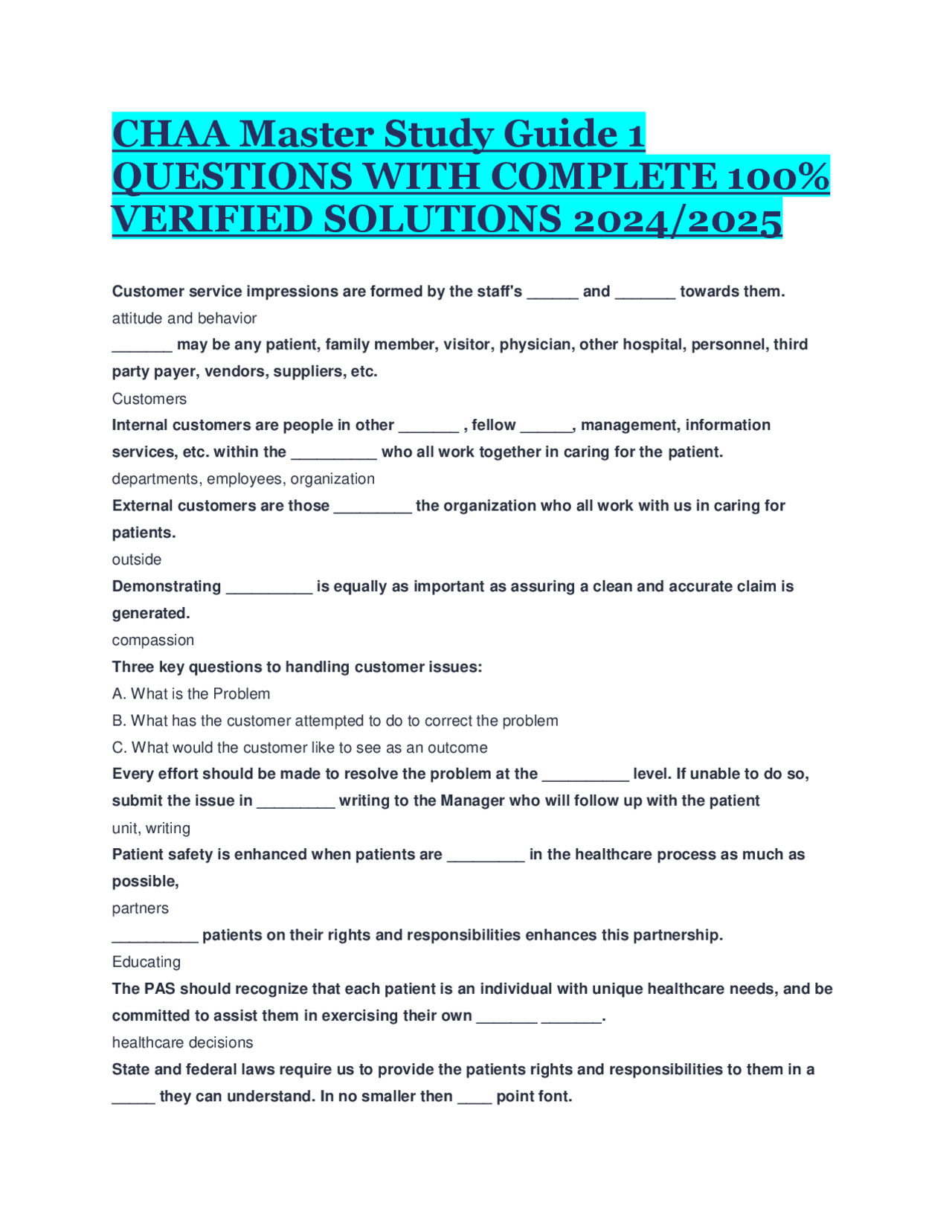 CHAA Master Study Guide 1 QUESTIONS WITH COMPLETE 100% VERIFIED ...