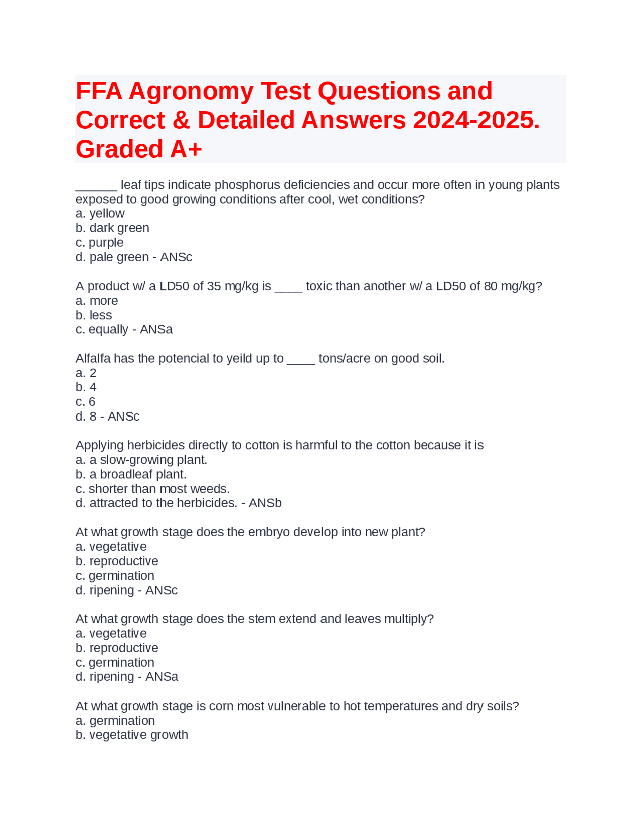 FFA Agronomy Test Questions and Correct & Detailed Answers 2024-2025 ...