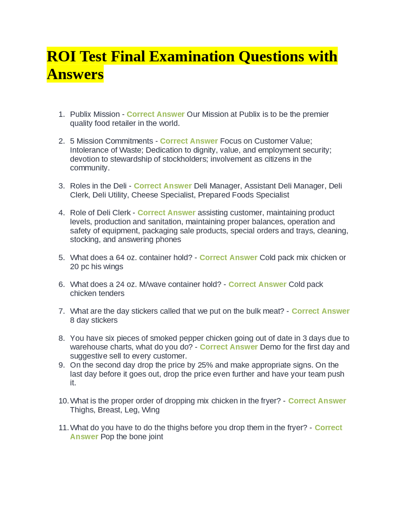 ROI Test Final Examination Questions with Answers | Exams Business ...