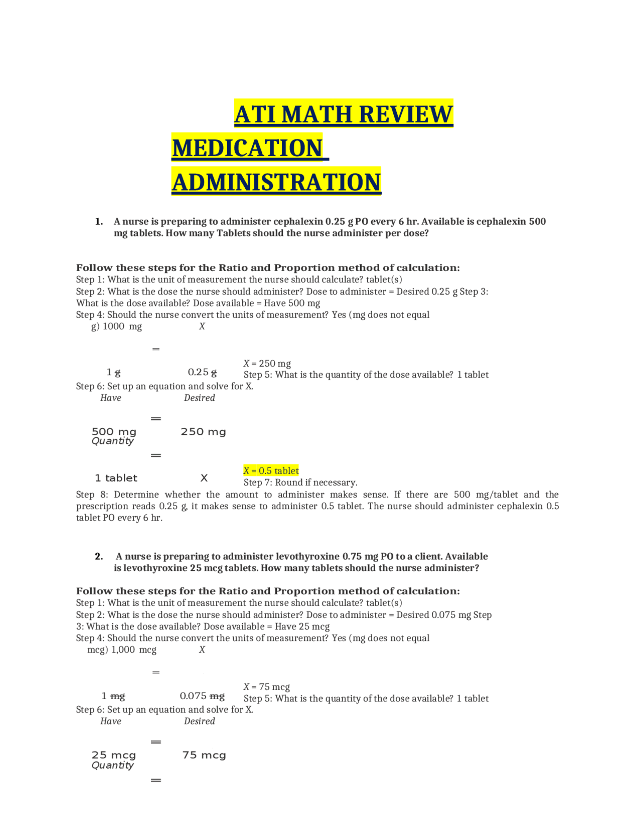 ATI MATH REVIEW MEDICATION ADMINISTRATION | Exams Pharmacy | Docsity