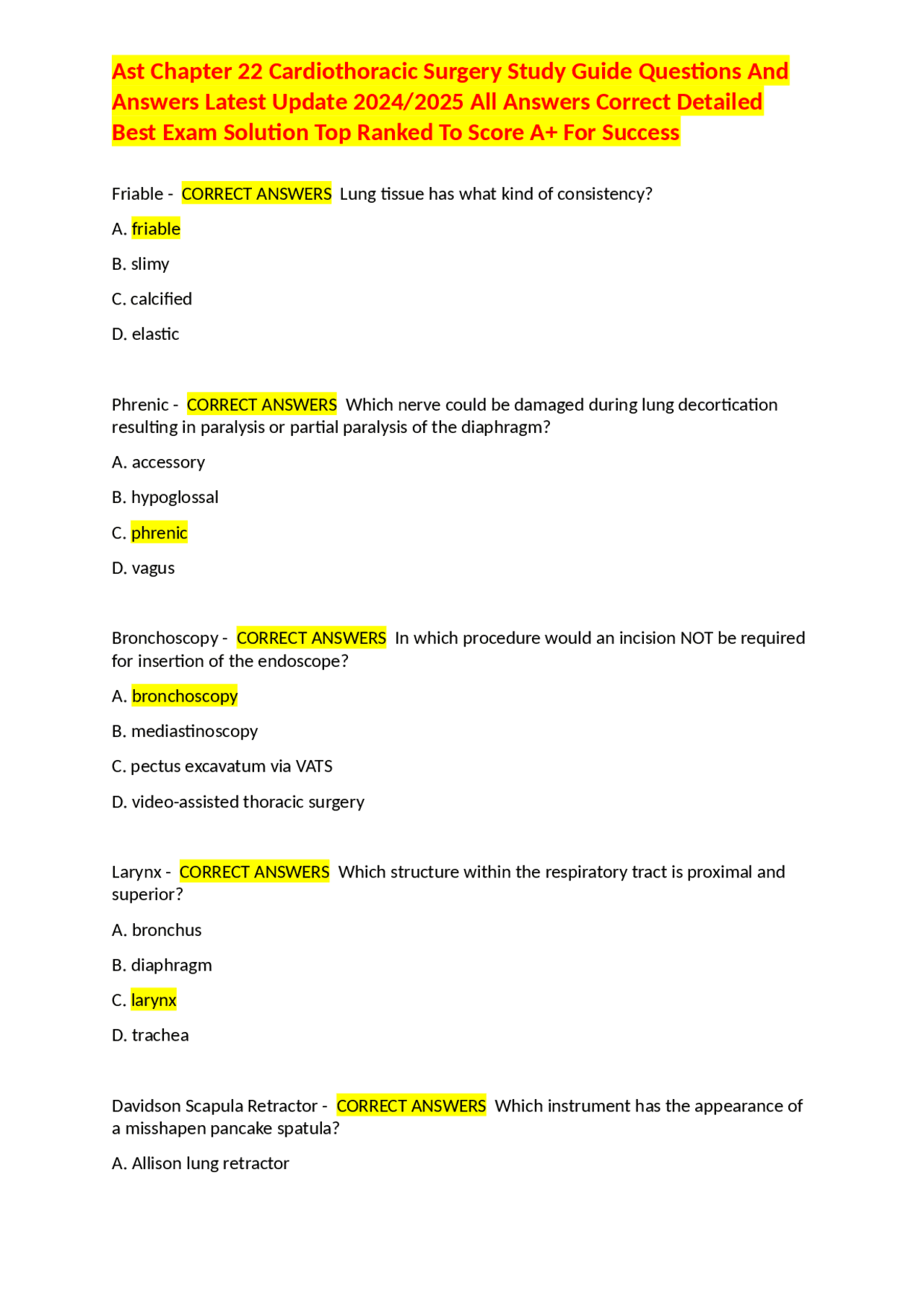 Ast Chapter 22 Cardiothoracic Surgery Study Guide Questions And Answers ...