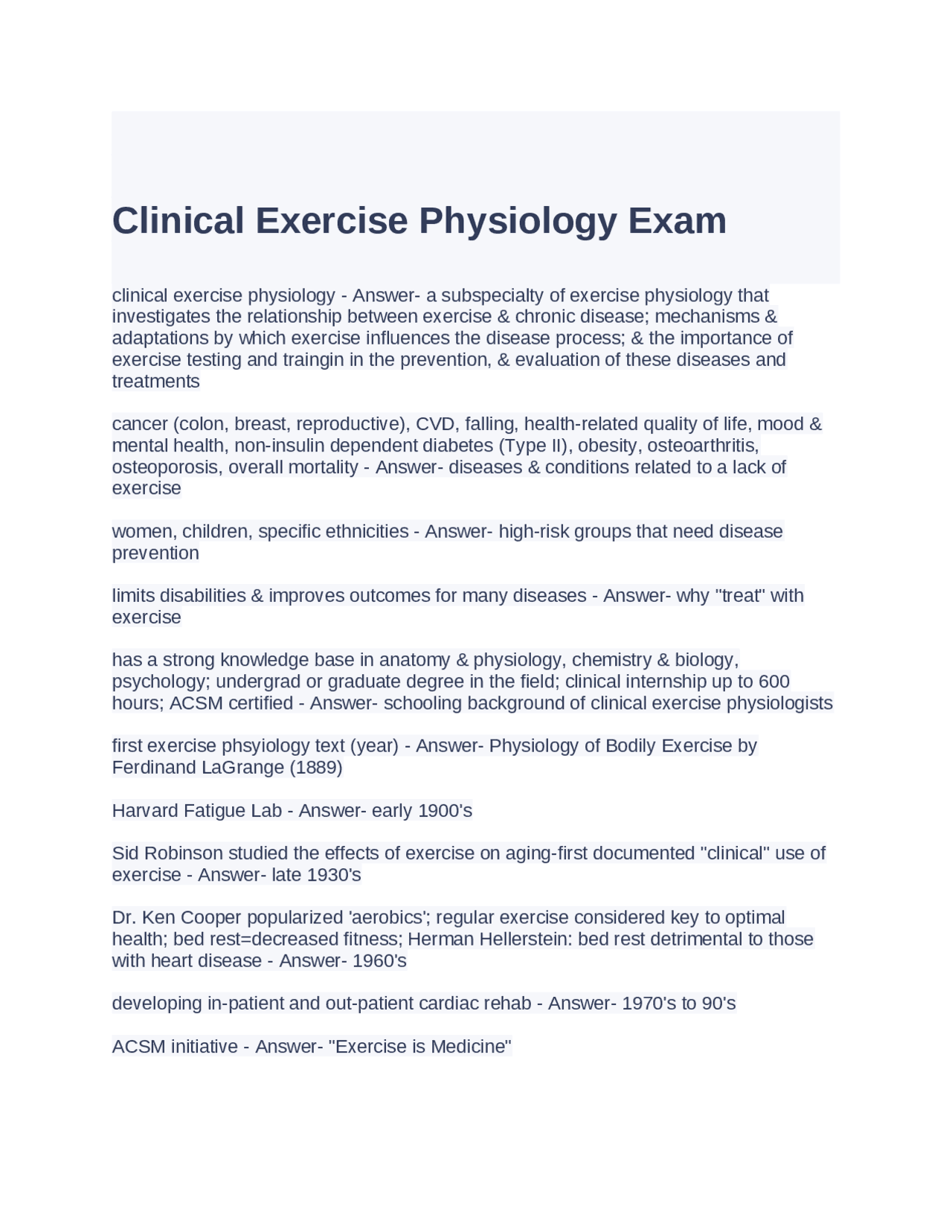 Clinical Exercise Physiology Exam with Verified Answers | Exams ...
