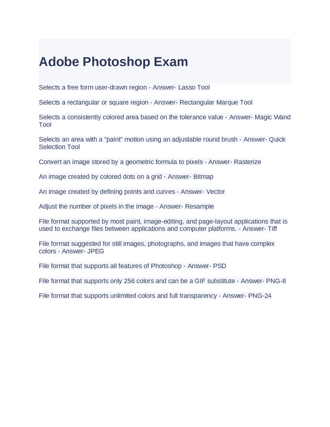 Adobe Photoshop Exam 1 Questions and Answers | Exams Photoshop | Docsity Adobe Photoshop Exam 1 Questions and Answers | Exams Photoshop | Docsity