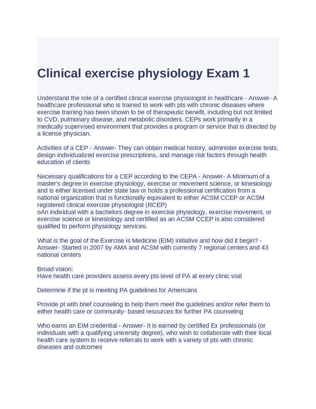 Clinical Exercise Physiology Exam 1 | Exams Physiology | Docsity