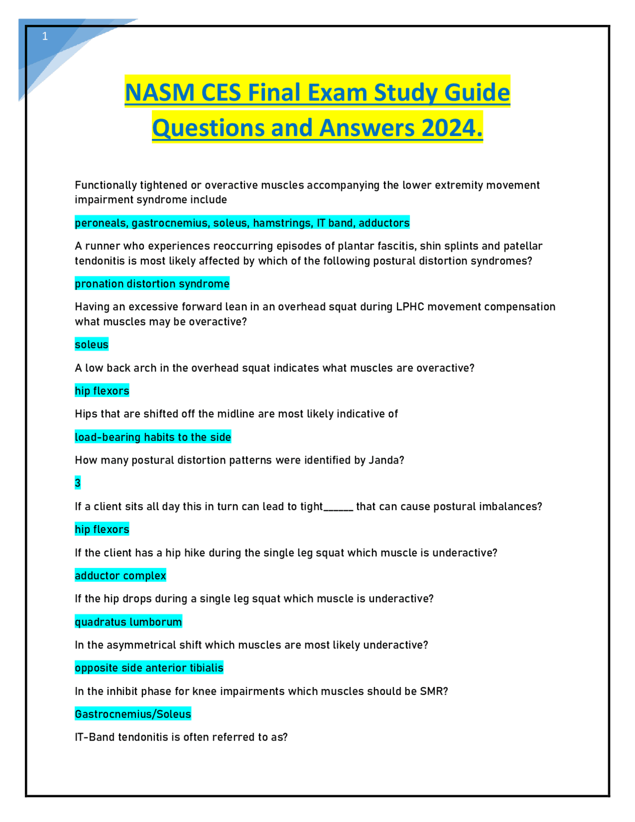 NASM CES Final Exam Study Guide Questions and Answers 2024. | Exams ...