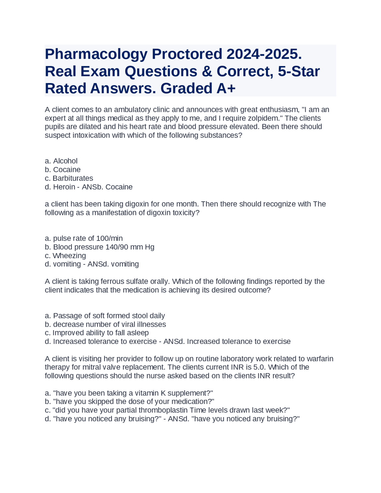Pharmacology Proctored 2024-2025. Exam Questions & Correct, 5-Star Rated Answers.Grade A+ ...