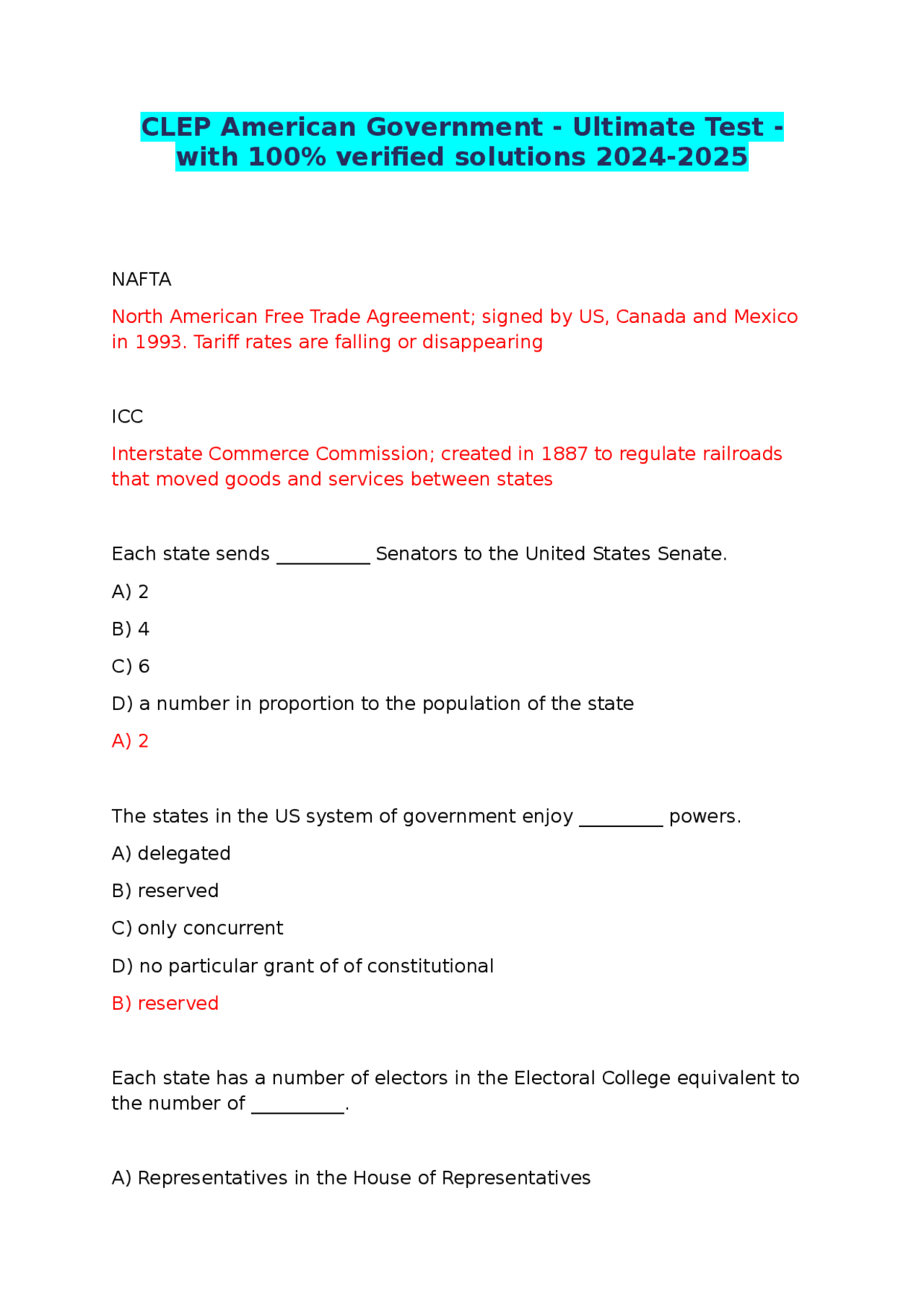 CLEP American Government - Ultimate Test -with 100% verified solutions ...