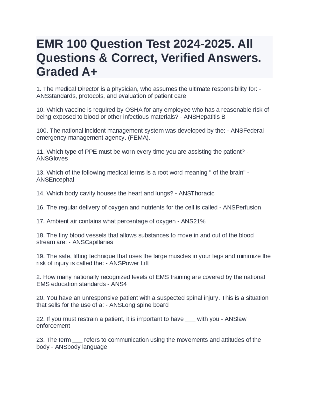 EMR 100 Question Test 2024-2025. All Questions & Correct, Verified ...
