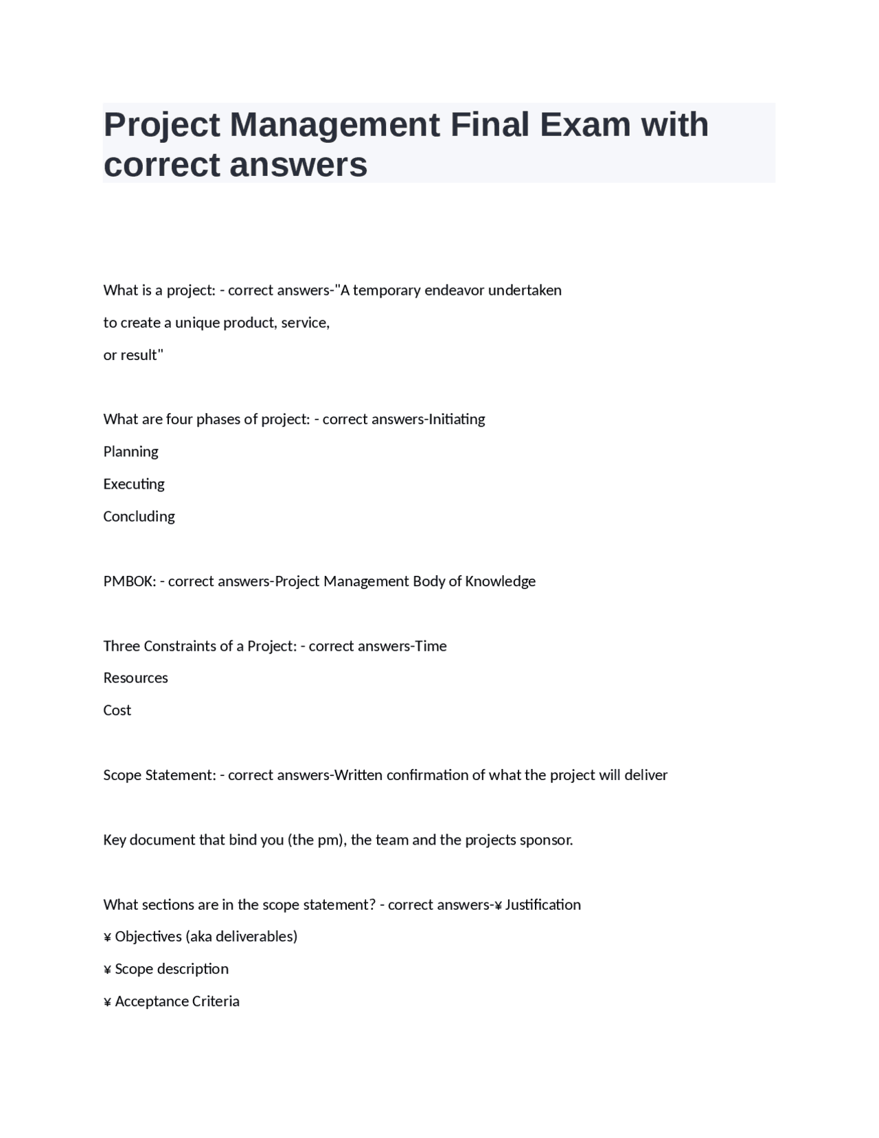 Project Management Final Exam with correct answers | Exams Project Management | Docsity