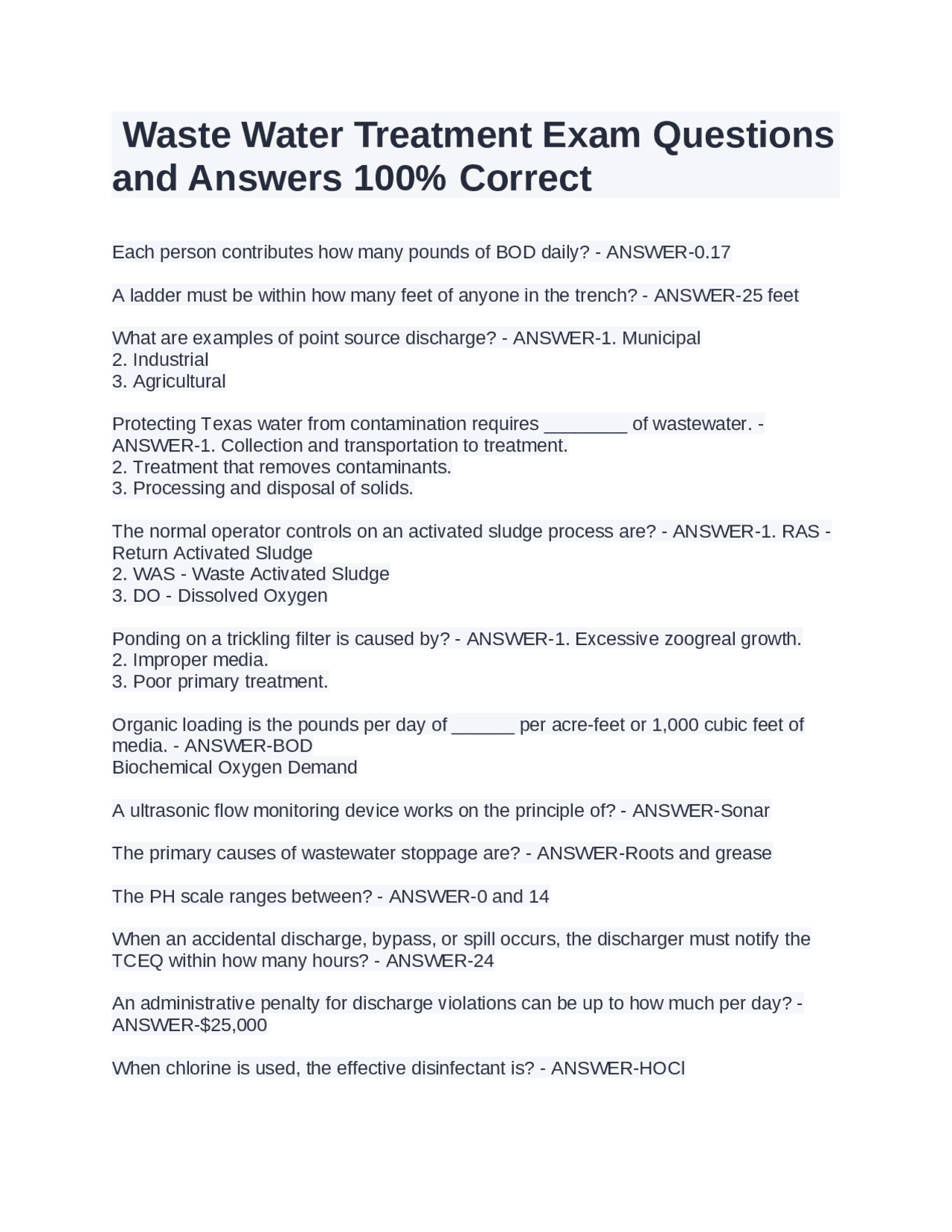 Waste Water Treatment Exam Questions and Answers 100% Correct | Exams ...