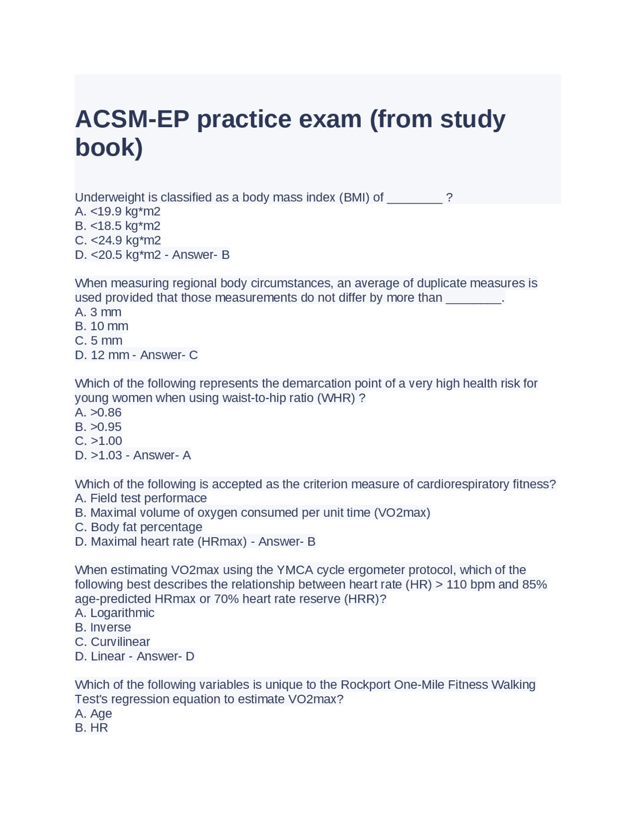 ACSM-EP practice exam (from study book) questions and answers | Exams ...