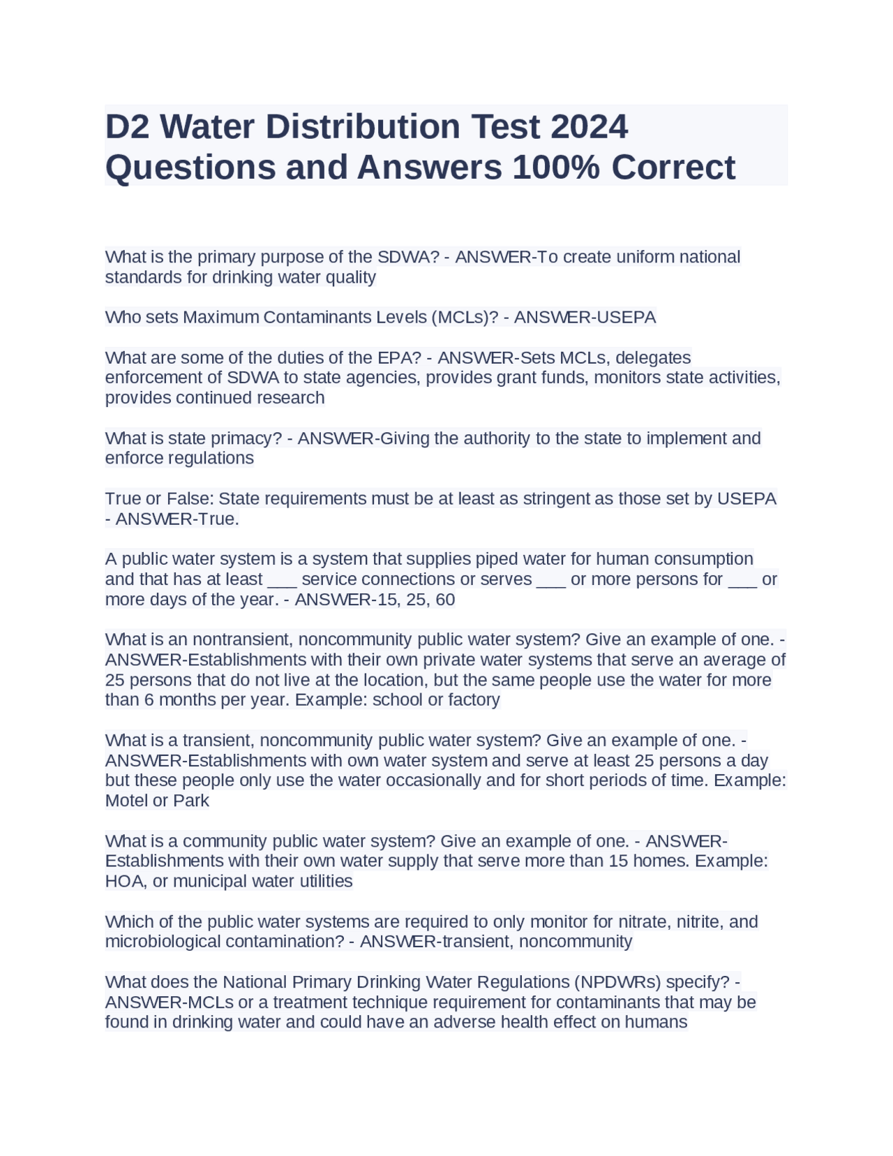D2 Water Distribution Test 2024 Questions and Answers 100% Correct ...