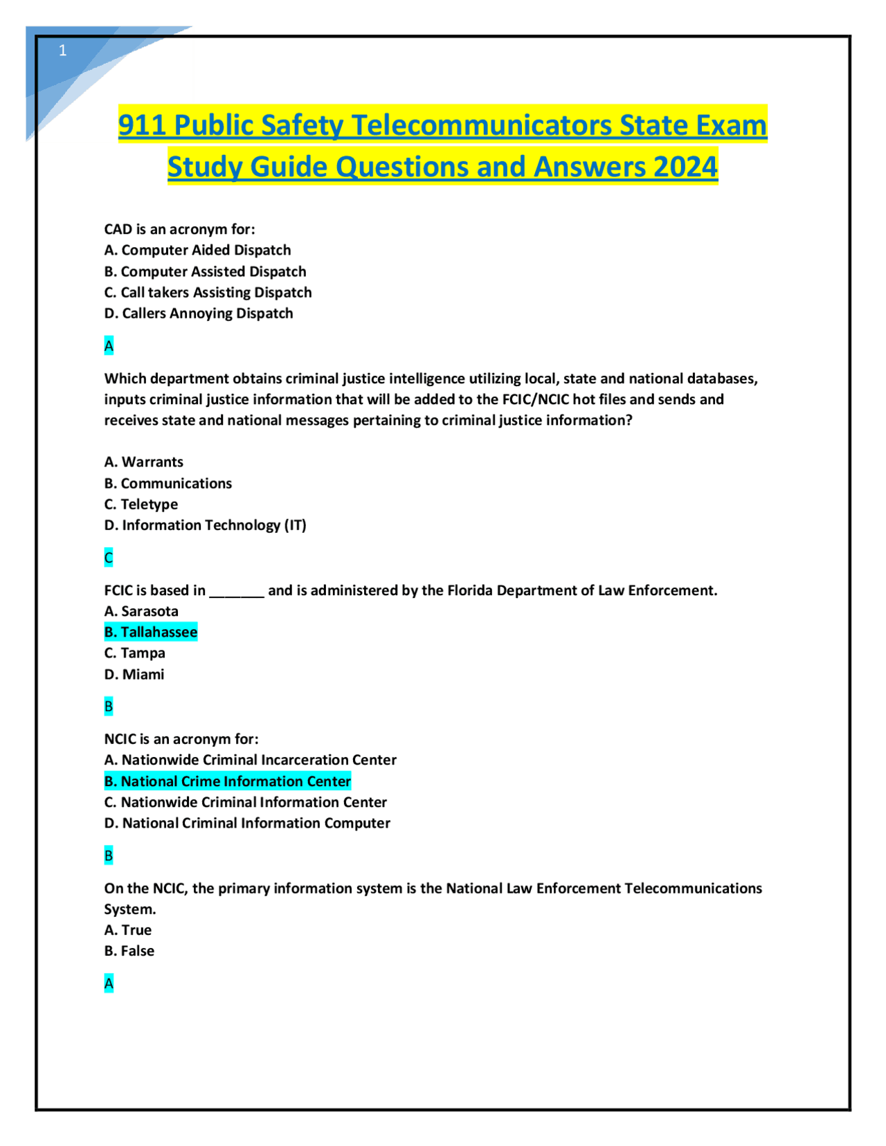 911 Public Safety Telecommunicators State Exam Study Guide Questions ...