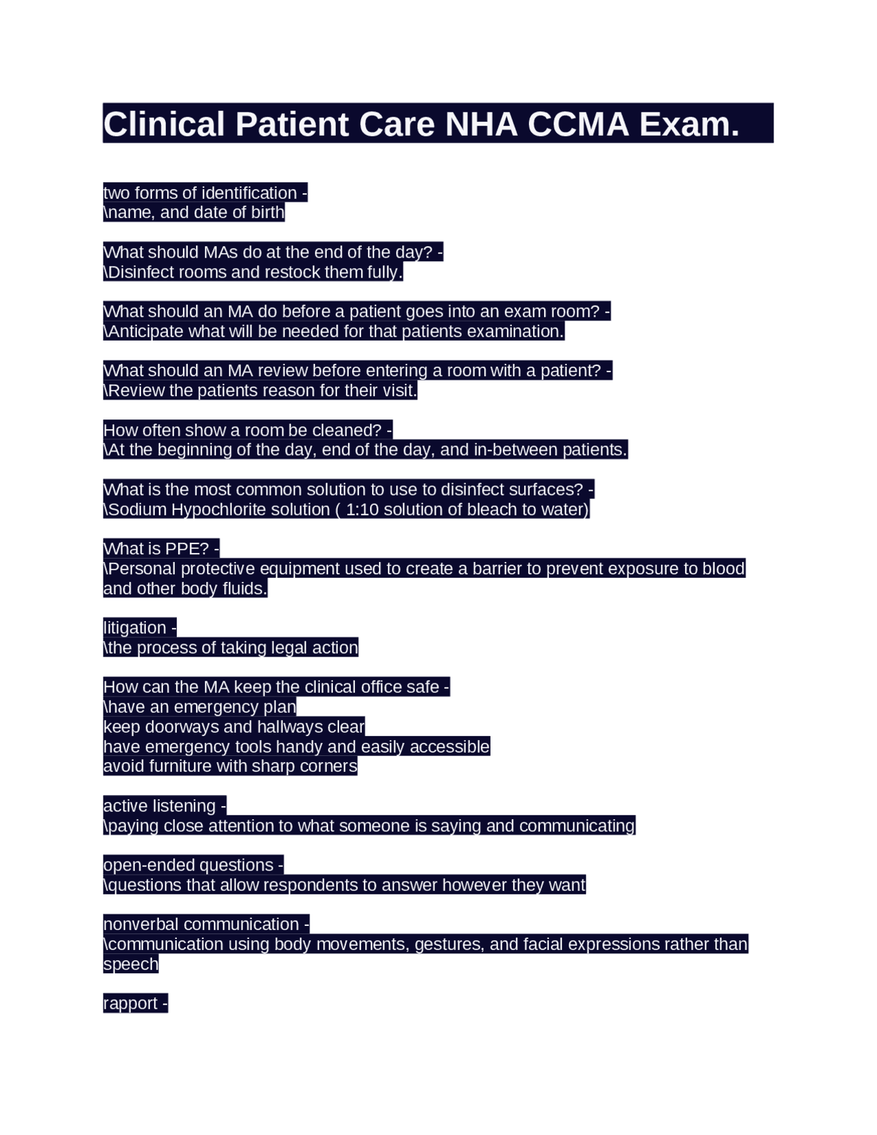 Clinical Patient Care NHA CCMA Exam. | Exams Clinical Medicine | Docsity