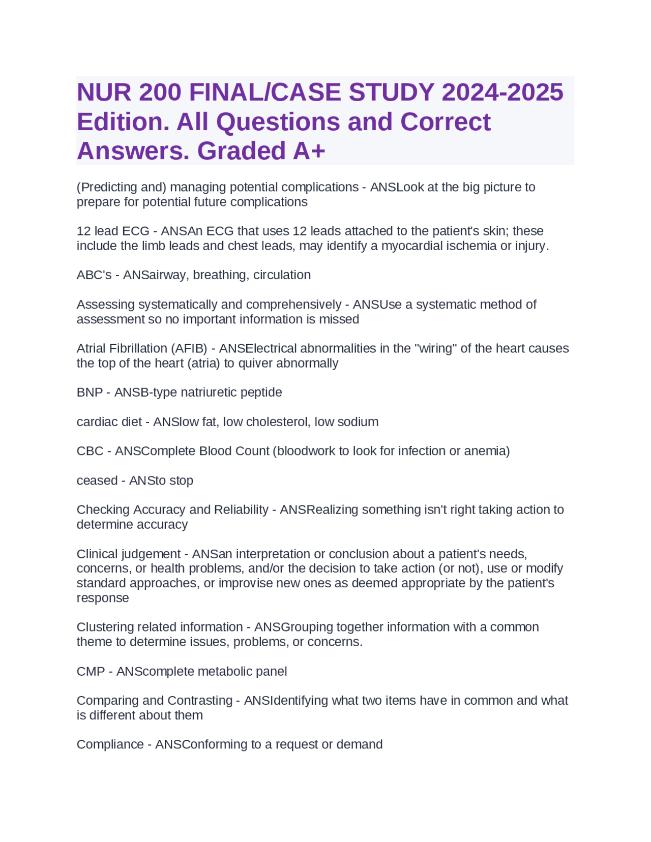 NUR 200 FINAL/CASE STUDY 2024-2025 Edition. All Questions and Correct ...