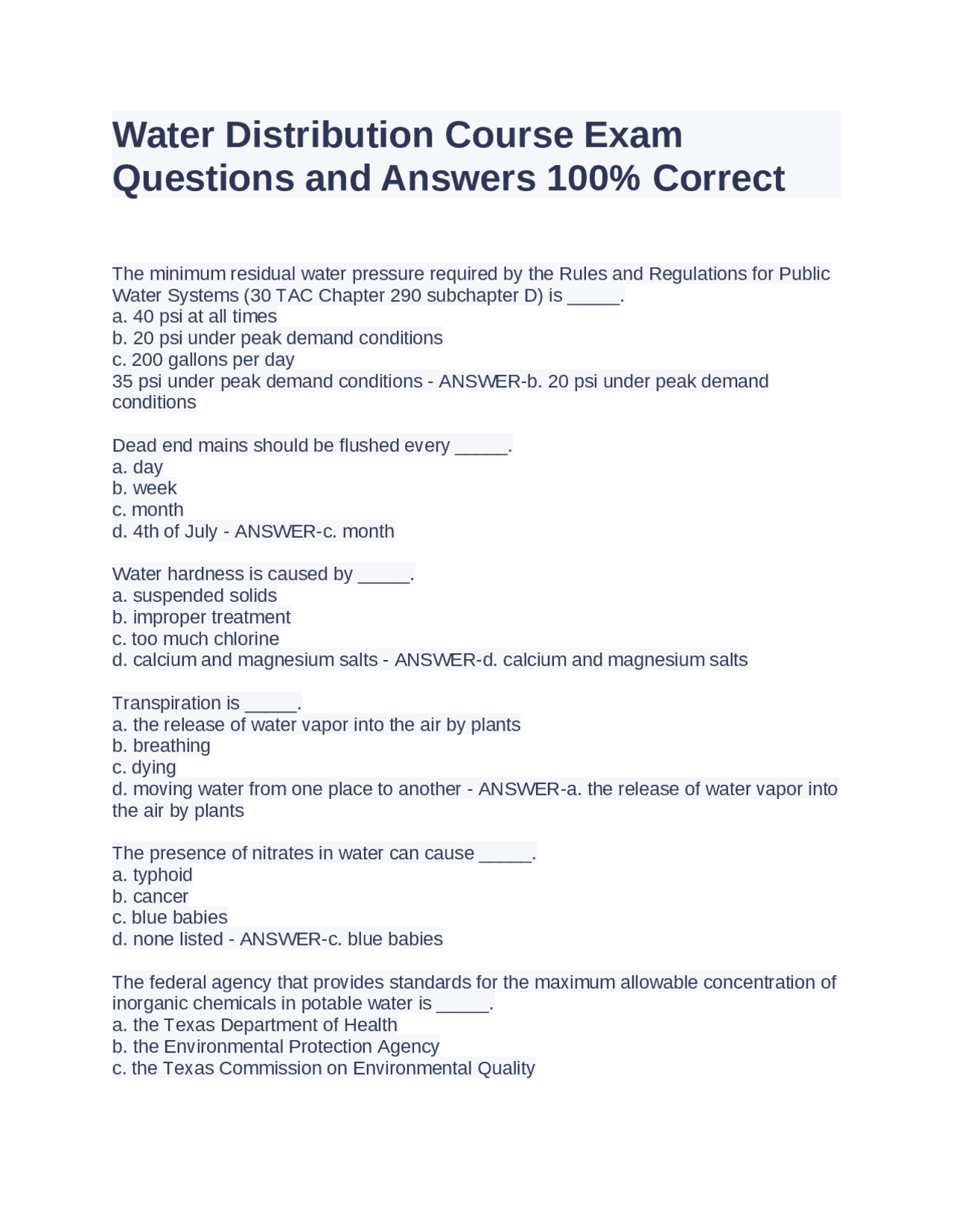 Water Distribution Course Exam Questions and Answers 100% Correct ...