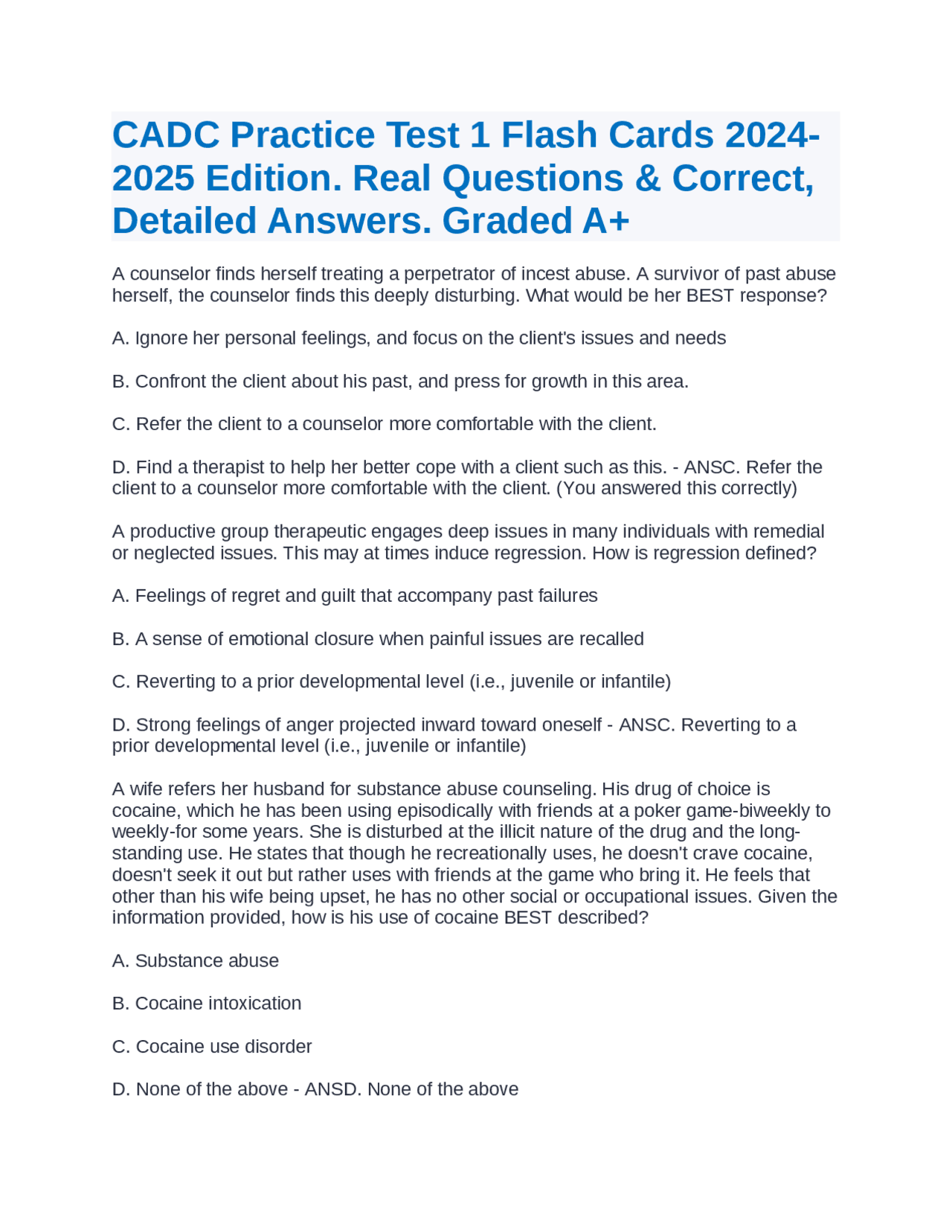 CADC Practice Test 1 Flash Cards 2024-2025 Edition.Questions & Correct ...