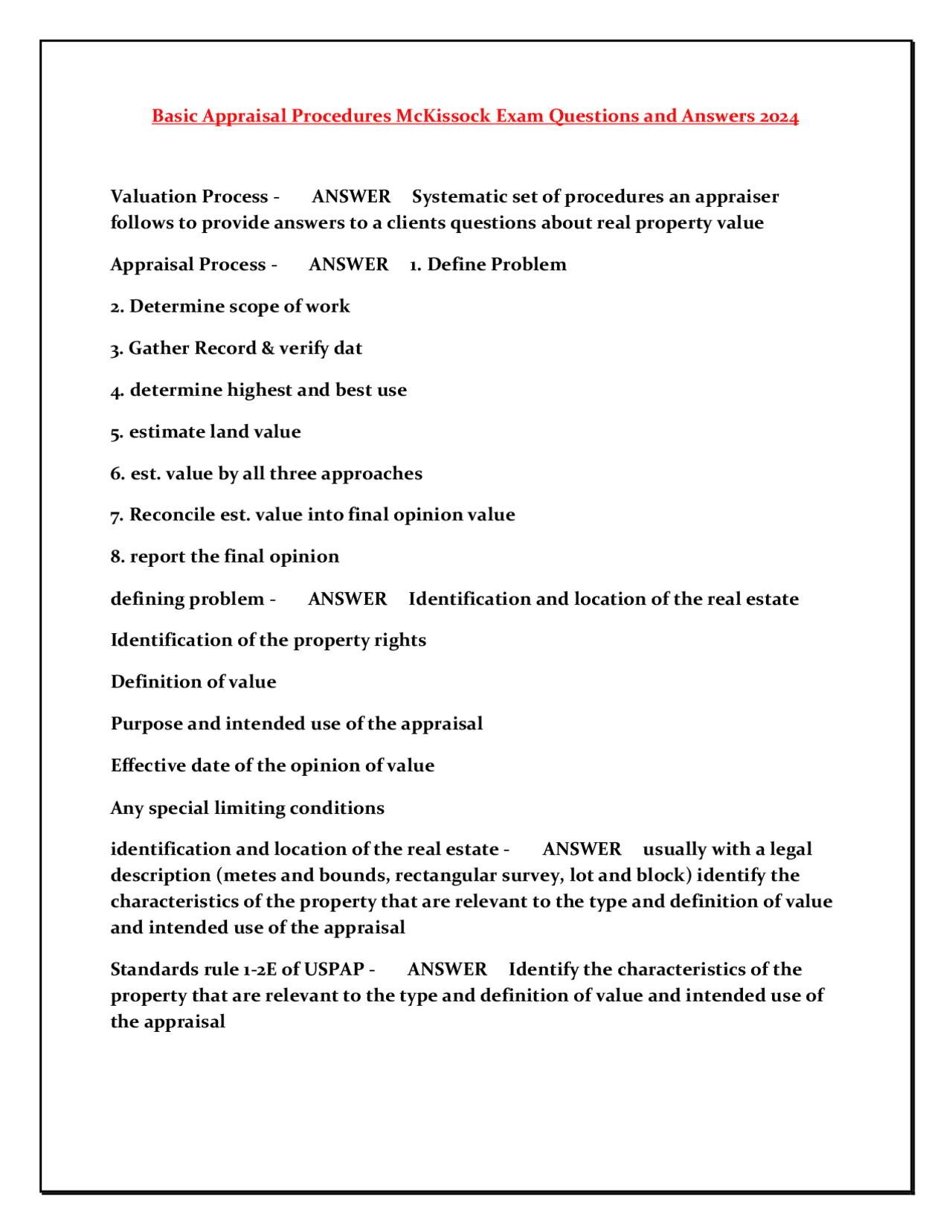 Basic Appraisal Procedures McKissock Exam Questions and Answers 2024 ...