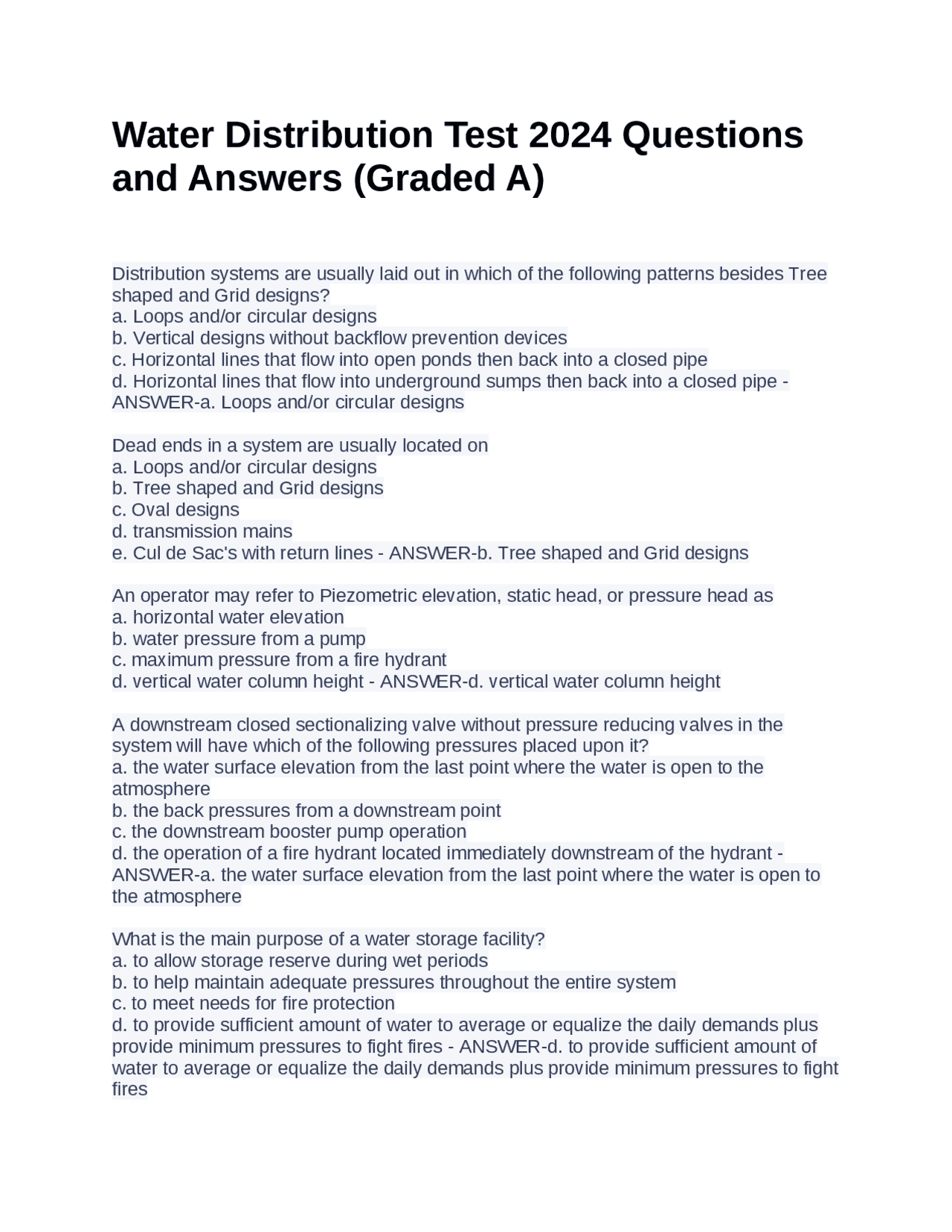 Water Distribution Test 2024 Questions and Answers (Graded A) | Exams ...